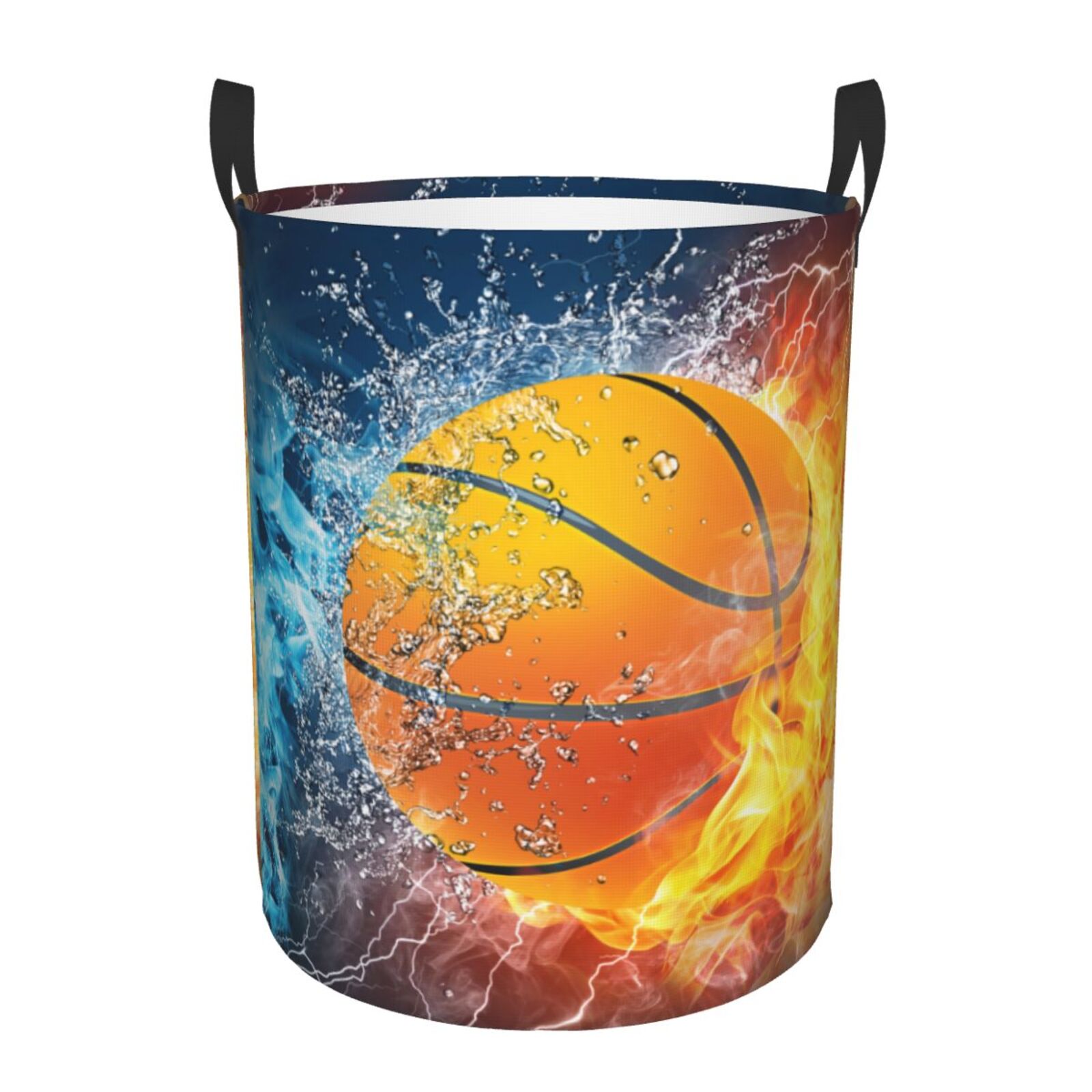 Basketball Ice Fire Circular Laundry Hamper With Handles, Collapsible ...