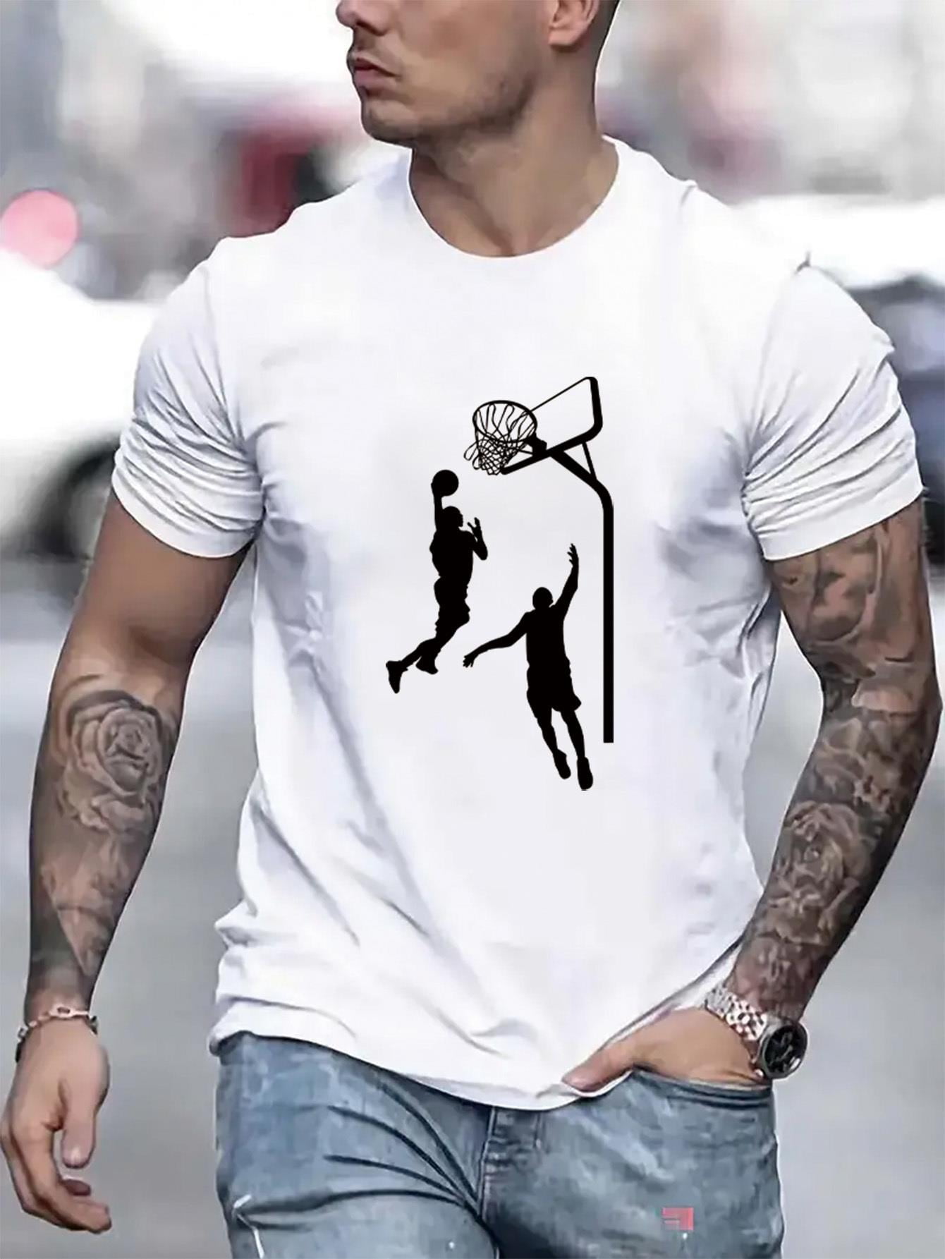 Basketball Jumping Silhouettes Print Short Sleeved T-shirt, Casual ...