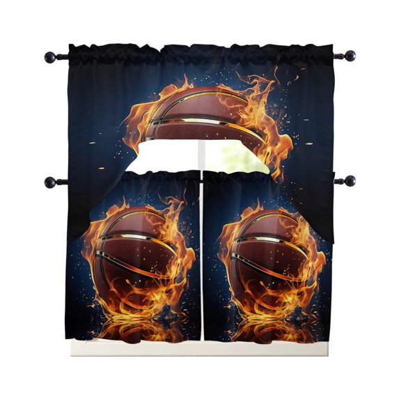 Basketball, Kitchen Curtain and Valance Set 3 Pieces, Rod Pocket Short ...