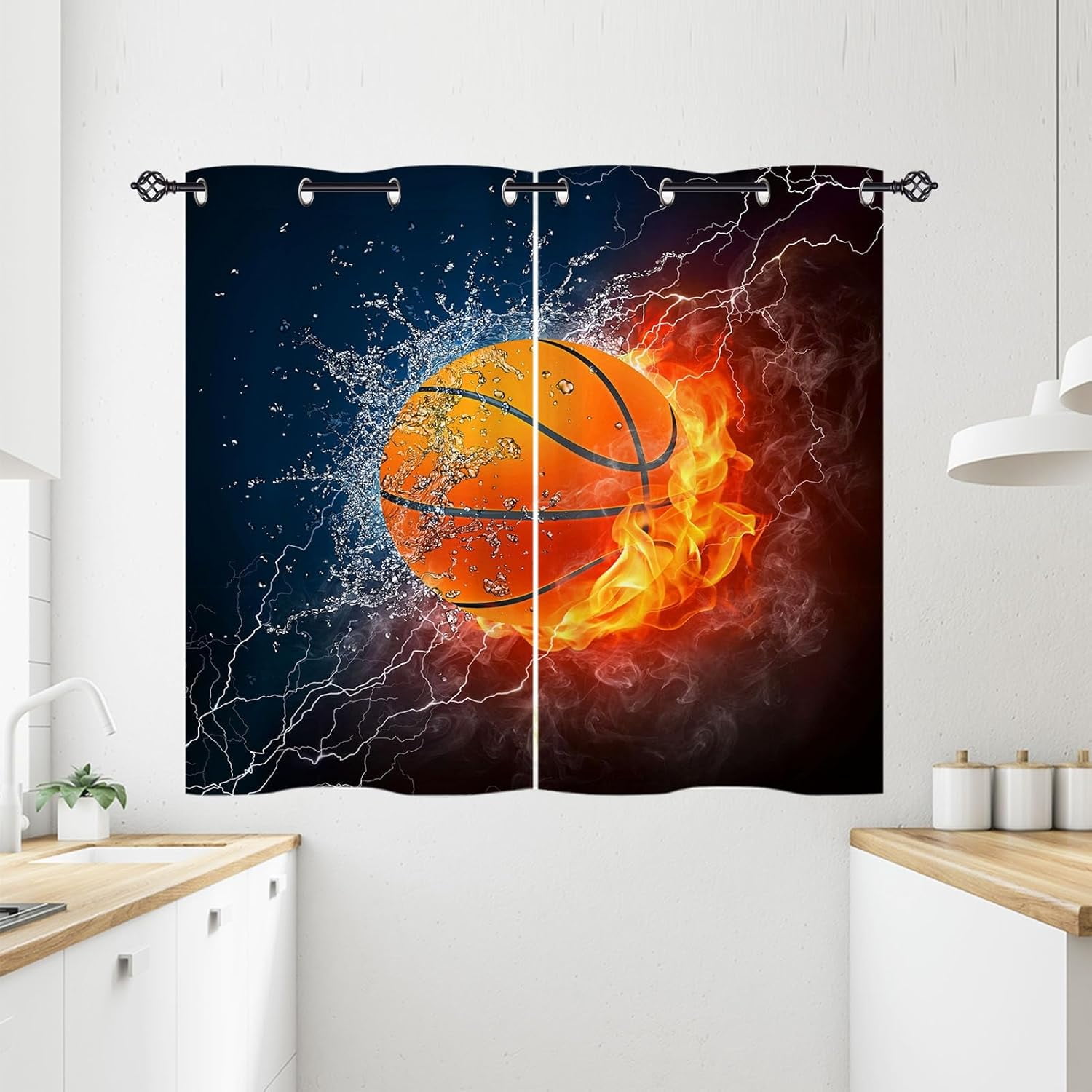 Basketball Kitchen Curtains Grommet Waterproof Window Drapes Sports ...