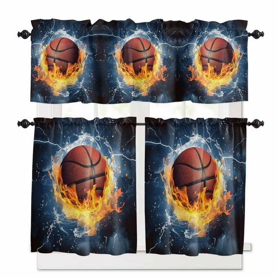 Basketball Kitchen Curtains Valance and Tier Set Fire and Water ...