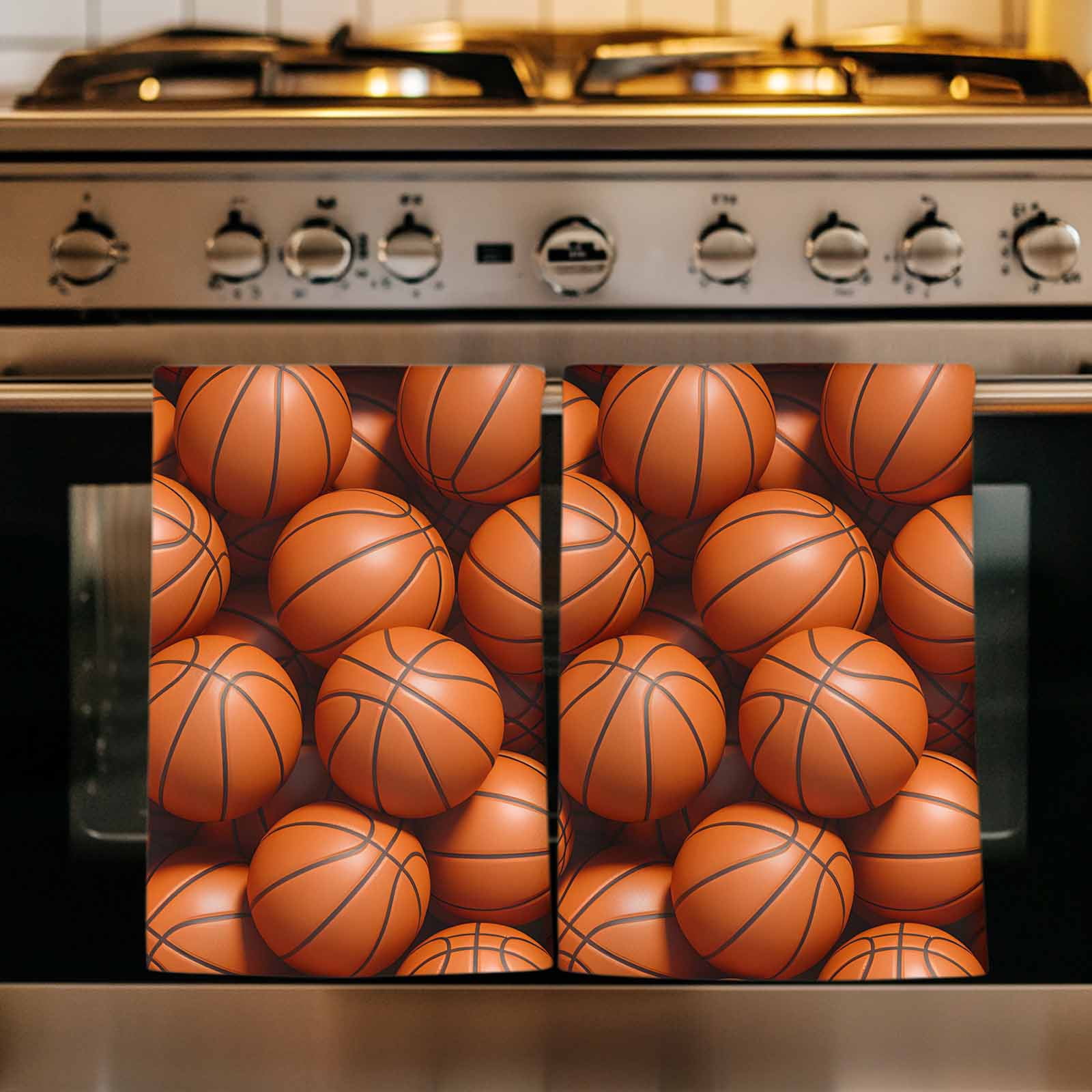 Basketball Kitchen Towels Set of 3, Sports Brown Basketball Absorbent ...