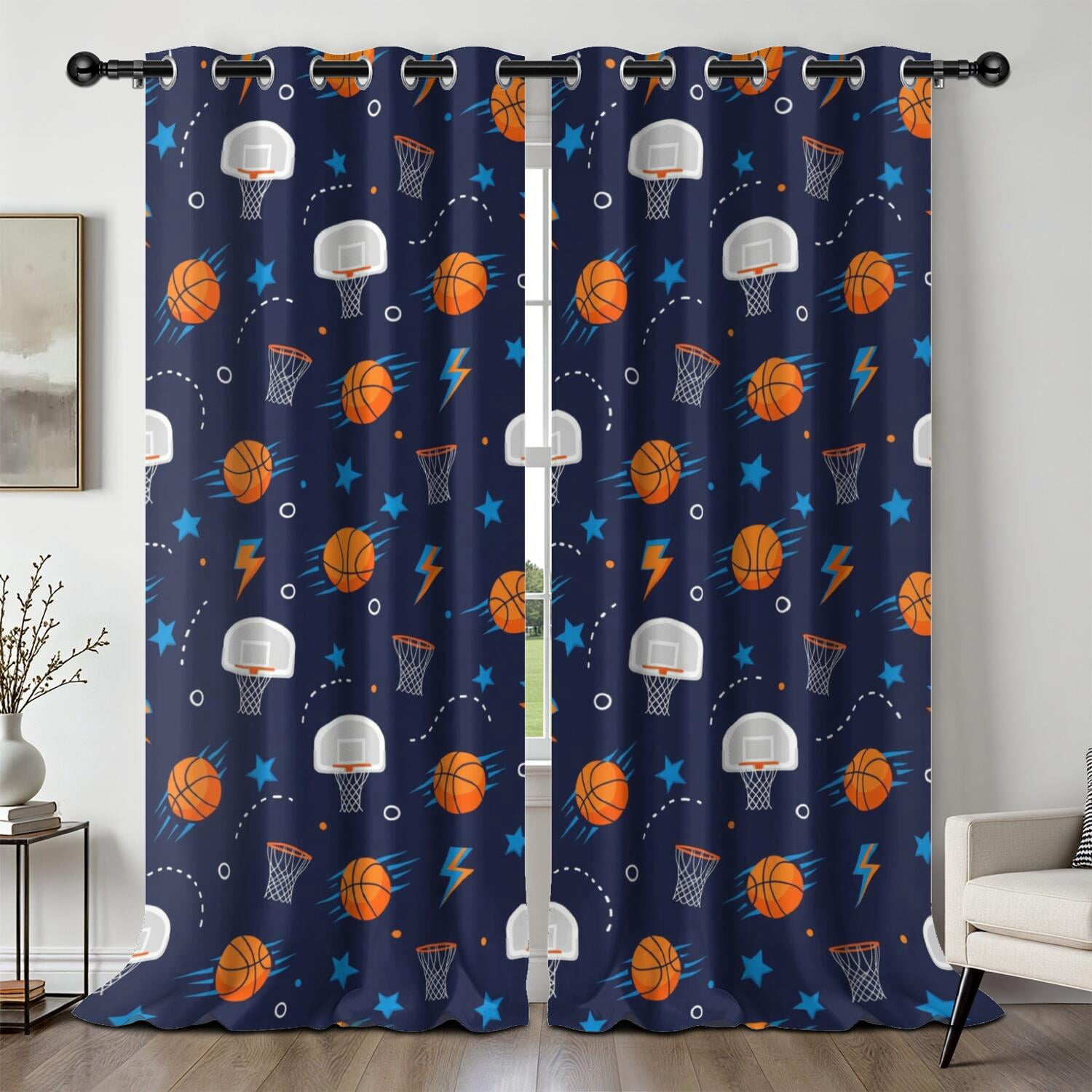 Basketball and Lightning Navy Pattern Blackout Curtains,Triple Weaved ...