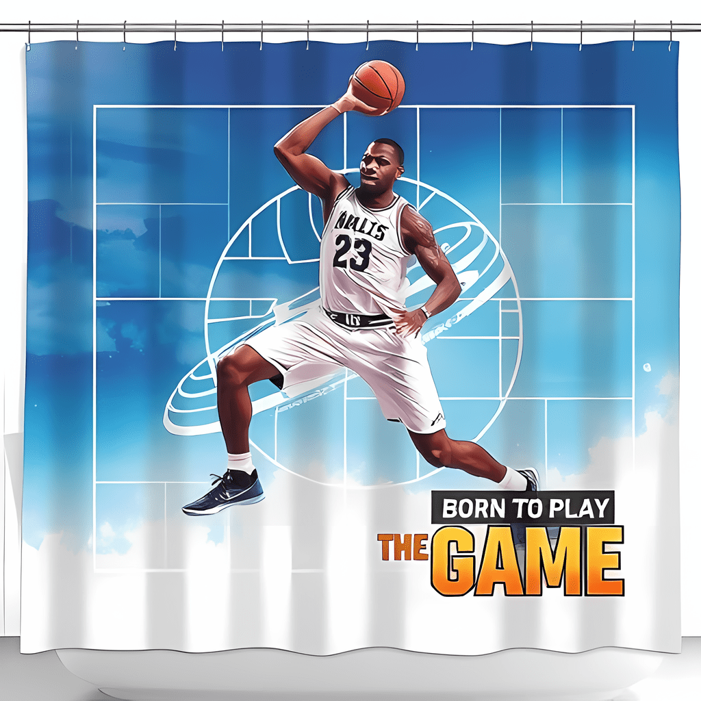 Basketball Player Shower Curtain - Mid-Air Jump Shot Bold "BORN TO PLAY ...