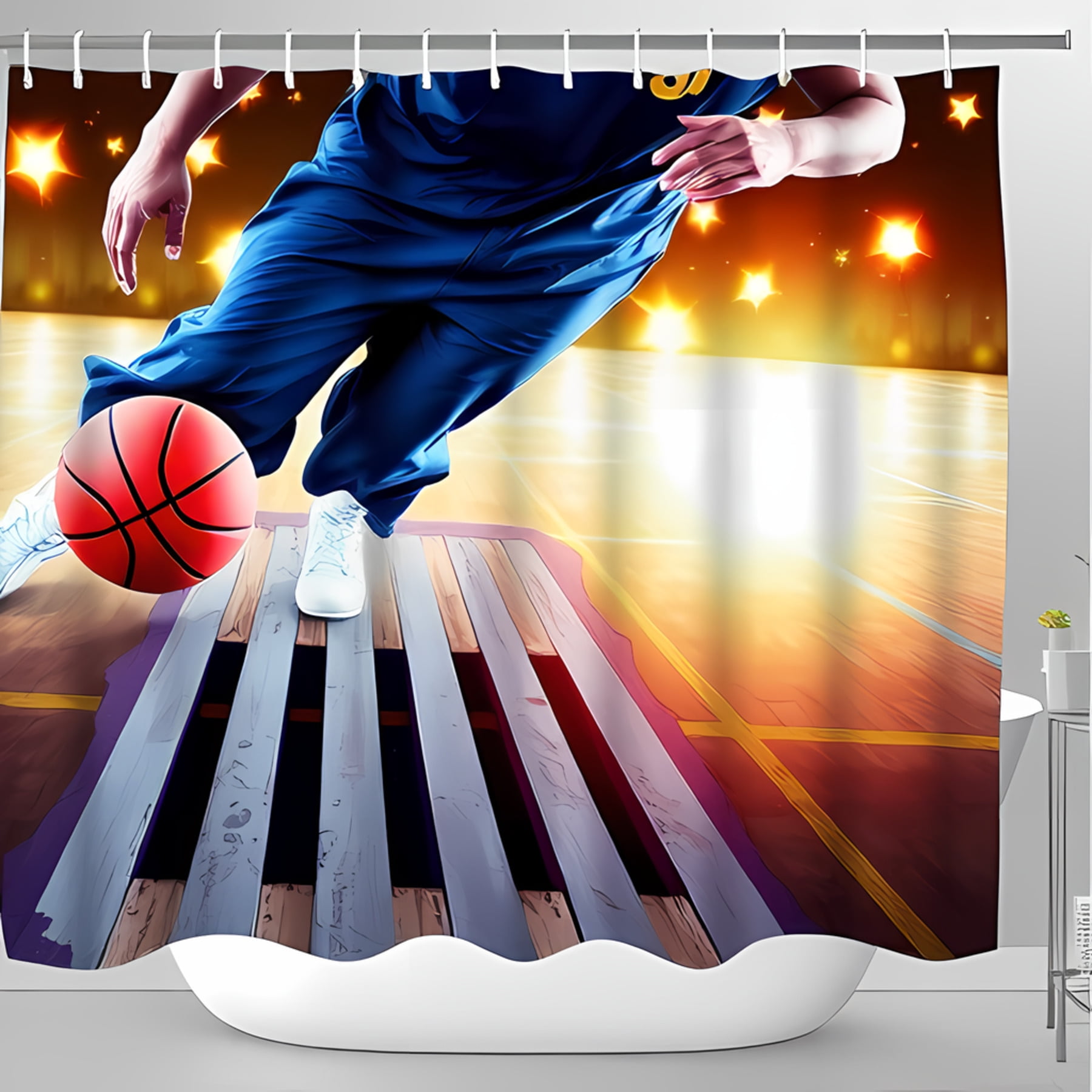 Basketball Player Shower Curtain - Vibrant Blue Jersey on Sun-Drenched ...