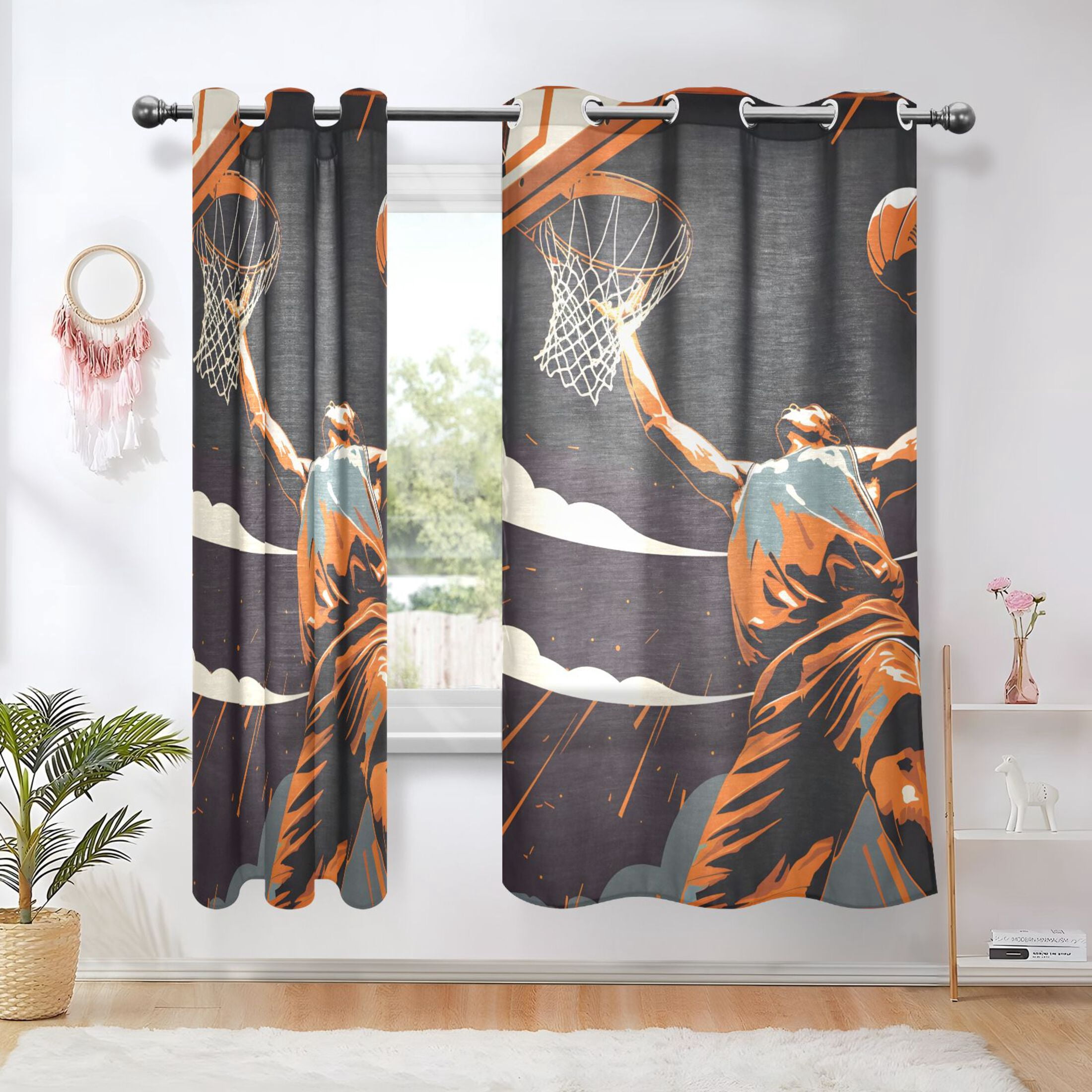 Basketball Player in Action Sheer Curtains 2 Panels Set Grommet Drapes ...