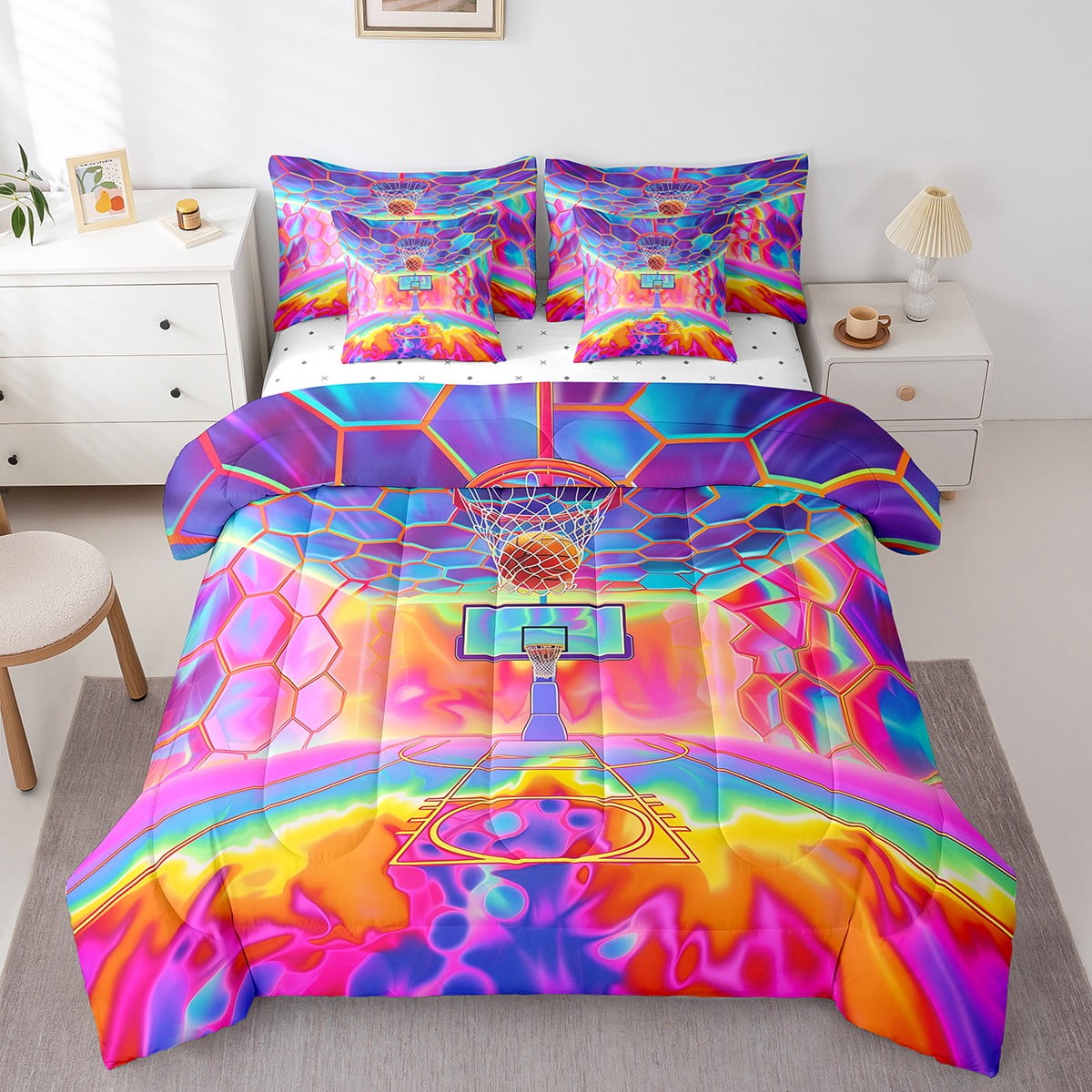 Basketball Print King Comforter Set 7pcs for Girls Sports Bedding ...