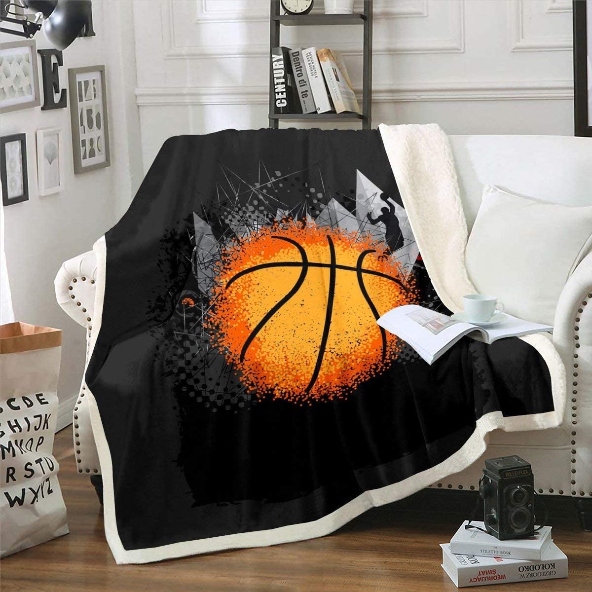 Basketball Print Sherpa Blanket Sports Theme Plush Blanket Basketball ...