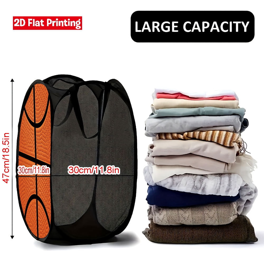 Basketball Print -Up Laundry Hamper, Mesh Foldable Dirty Clothes Basket ...