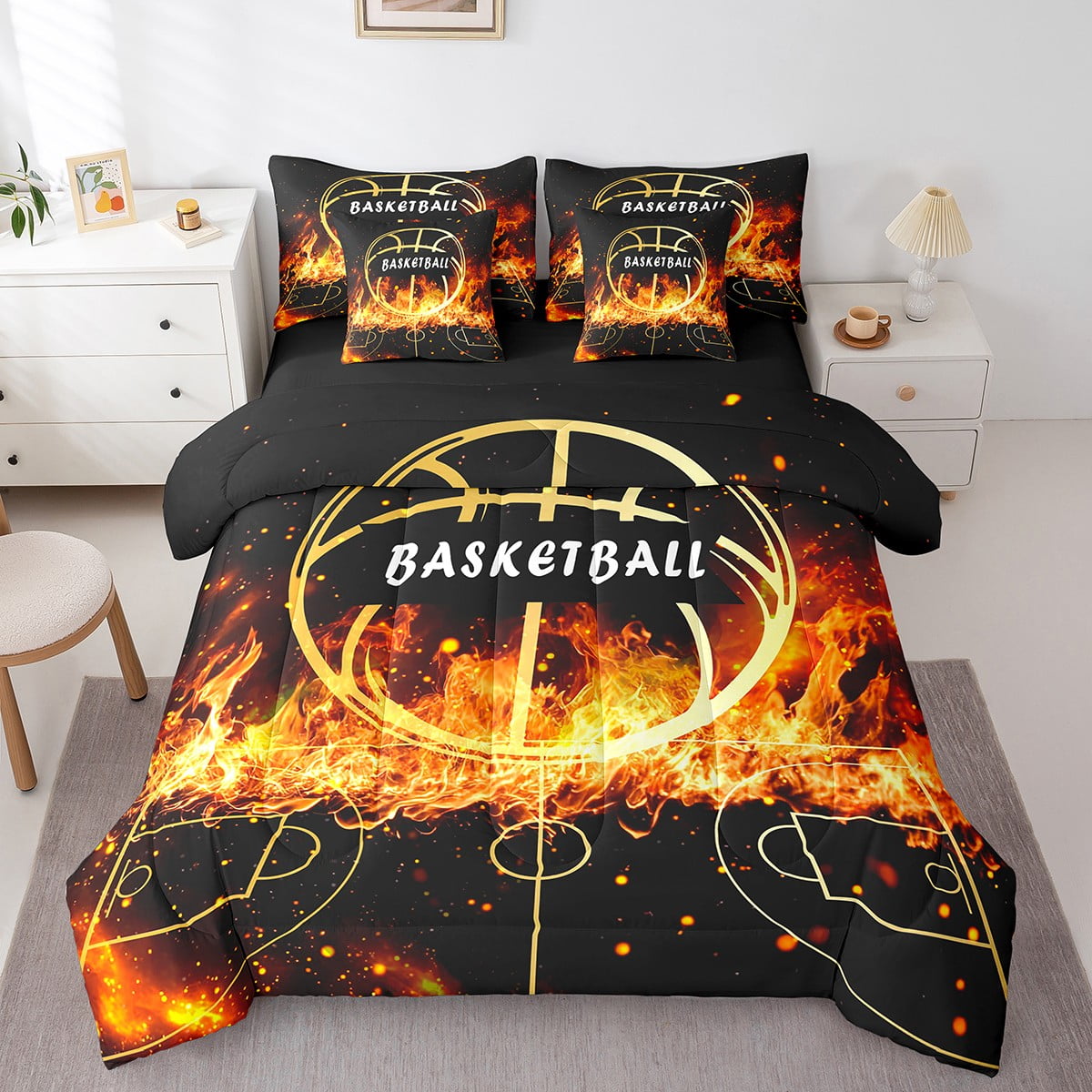 Basketball Queen Comforter Set with Sheets Sports Bedding Sets for Boys Kids Basketball Fire ...