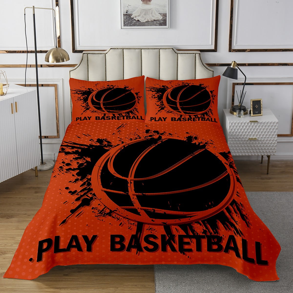 Basketball Queen Quilt Set Sports Bedspread Orange Basketball Print Bed ...