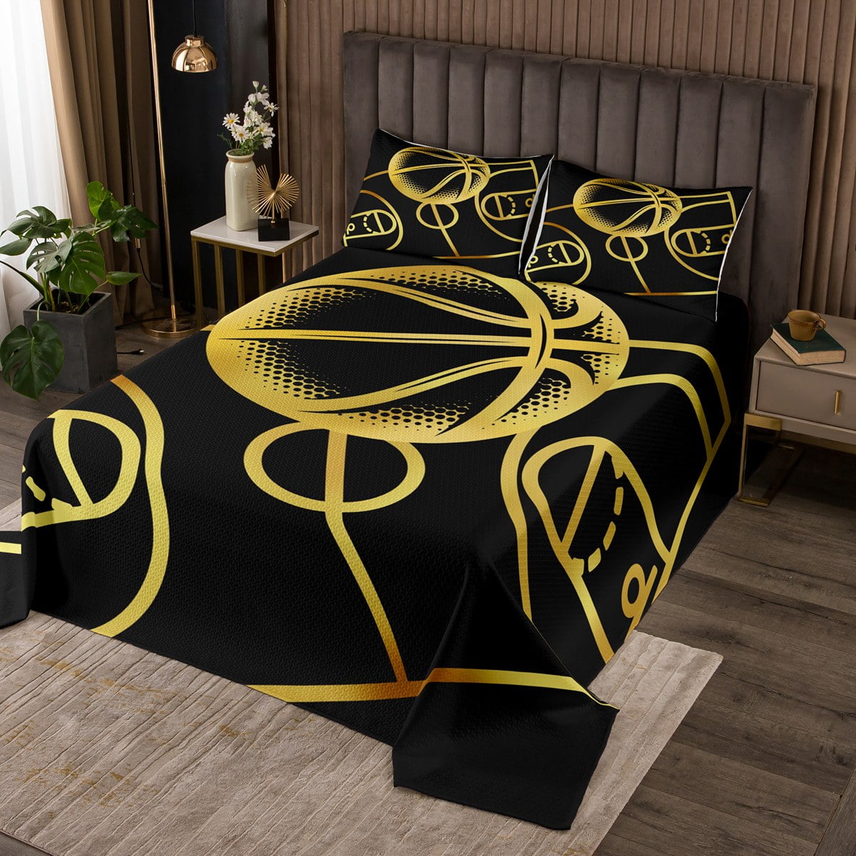 Basketball Quilt Set For Boys, Black Gold Bedspread Set Twin, Black And ...