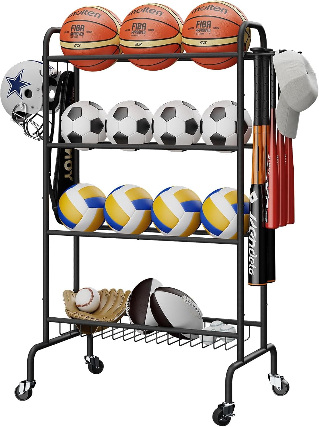 Basketball Rack, 4-Layers Rolling Ball Storage Rack with Wheels ...