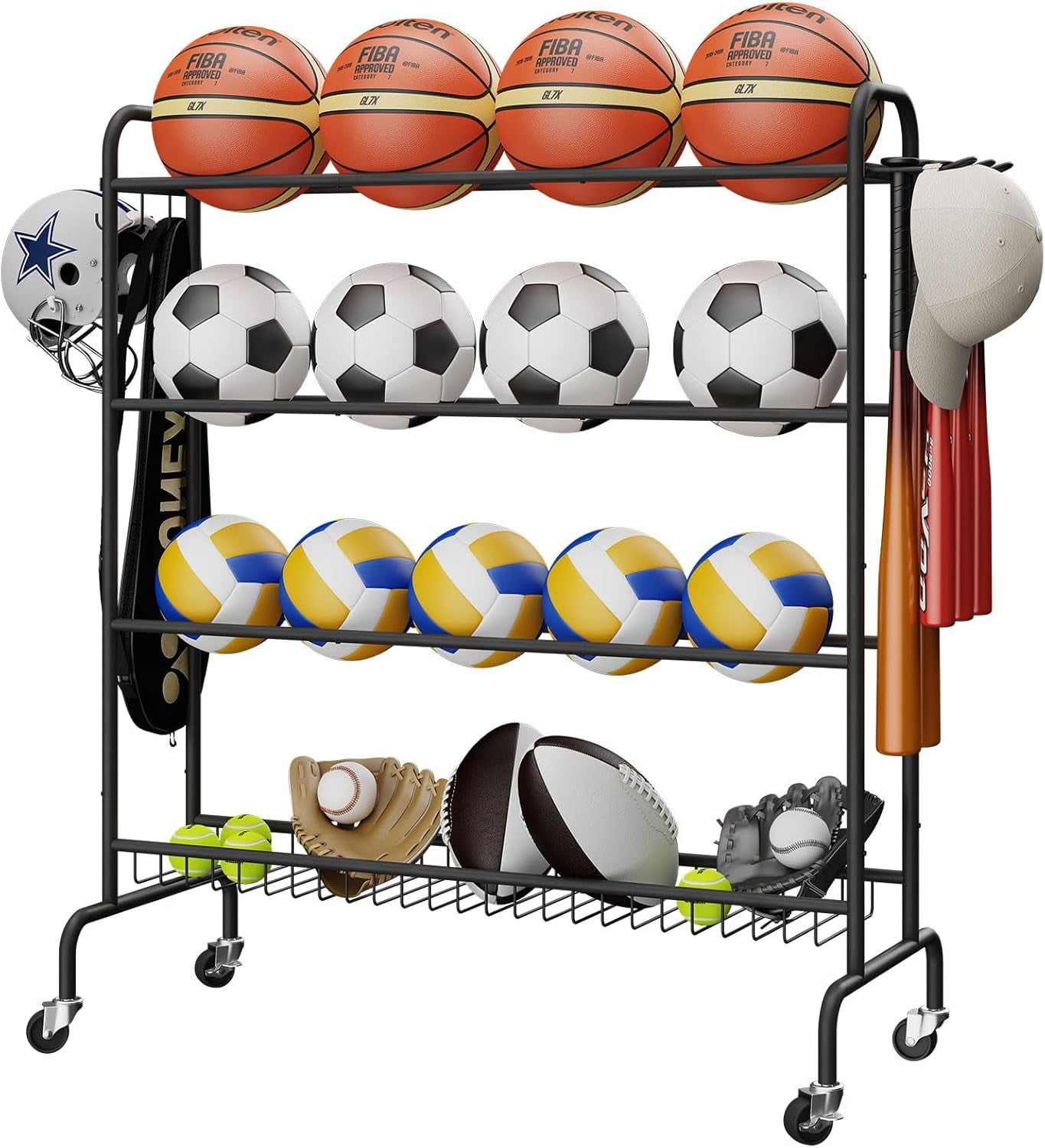 Basketball Rack, 4-Layers Rolling Ball Storage Rack with Wheels ...