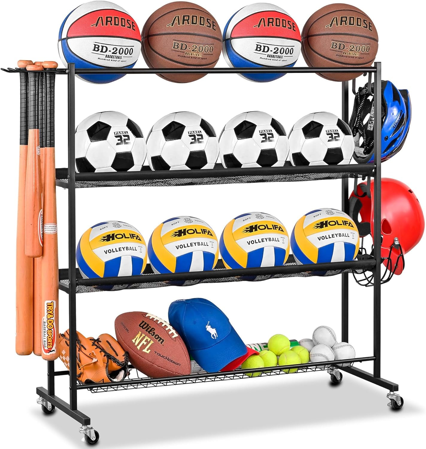 Basketball Rack, Ball Storage with Baseball Bat Holder, Rolling Ball ...