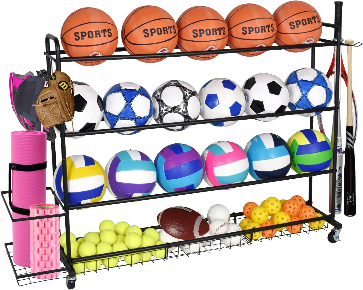 Basketball Rack, Rolling Ball Stand, Garage Organizer with Wheels, 4 ...