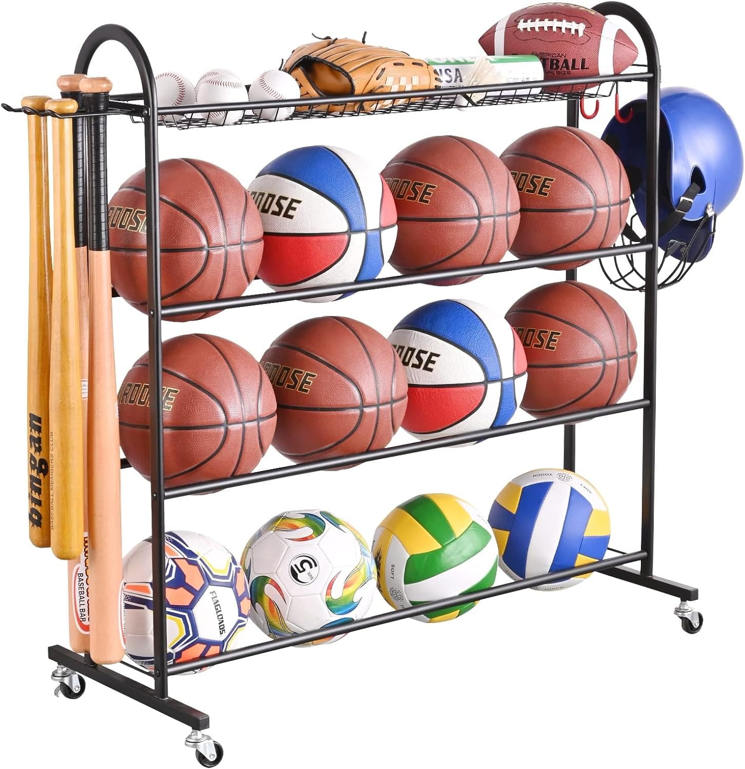 Basketball Rack, Rolling Ball Storage with Baseball Bat Holder and ...