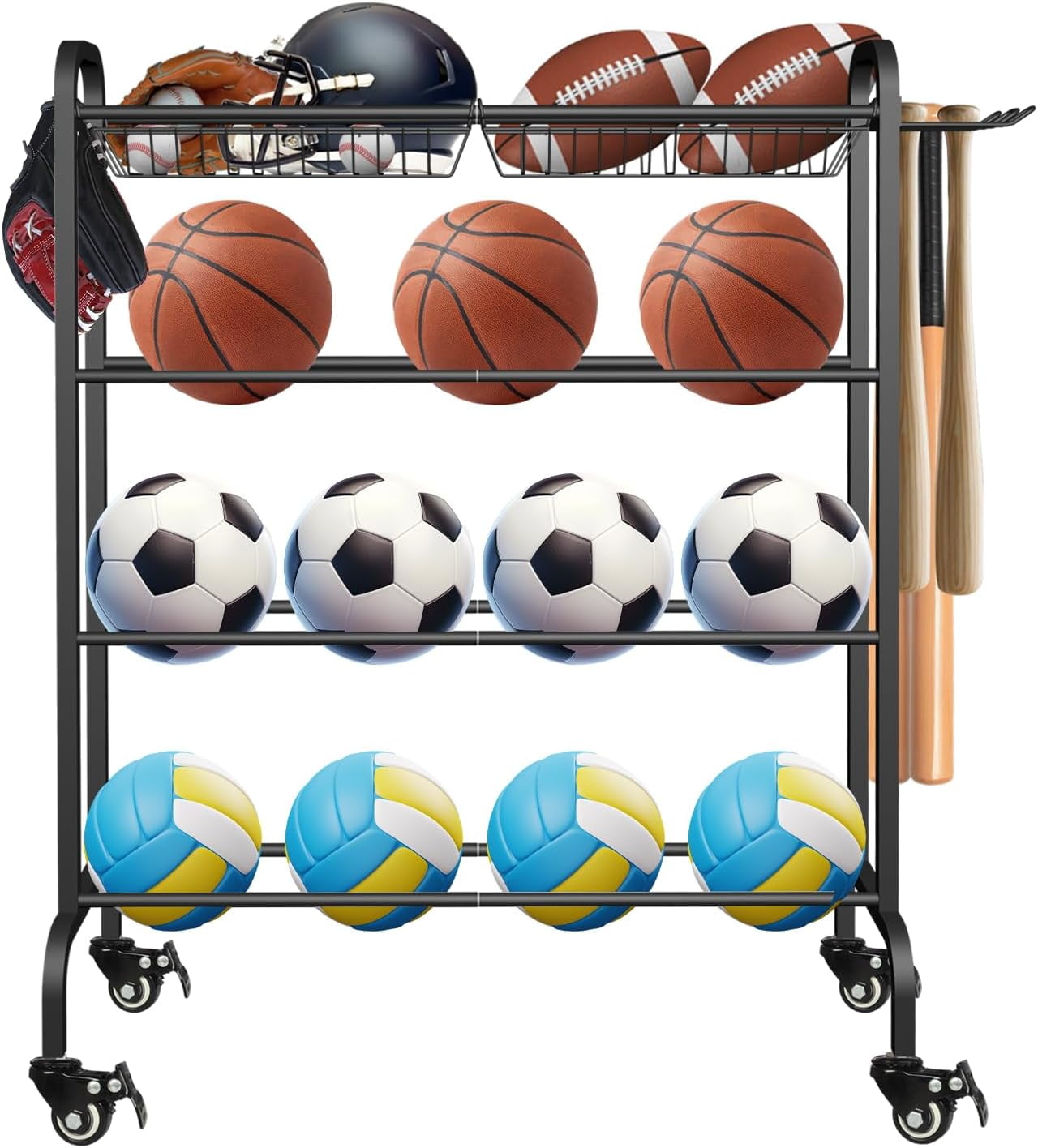 Basketball Racks Holder for Balls with Wheels, Rolling Metal Sports ...