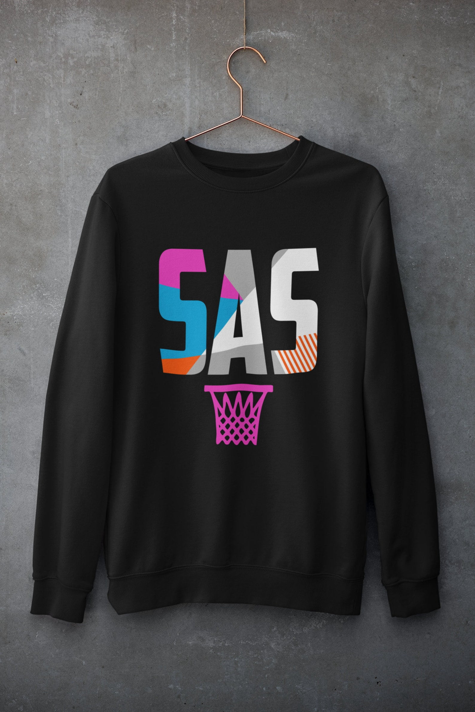 Basketball Retro Sports Letters San Antonio Black Crewneck Sweatshirt ...