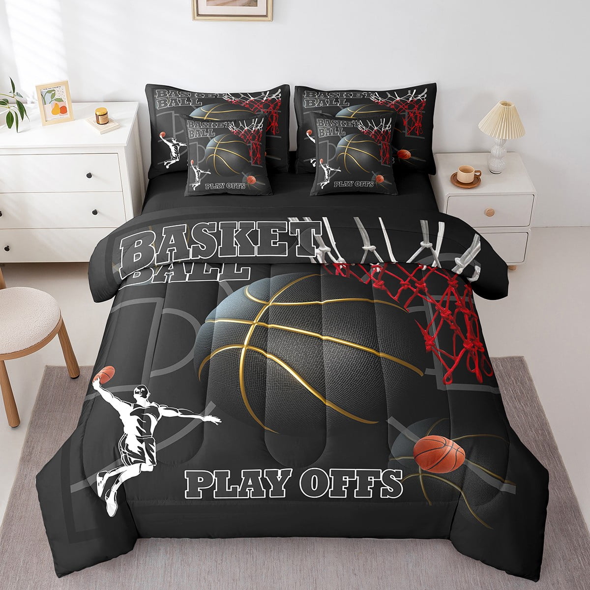 Basketball Room Bedding 7 Piece for Boys Sport Dunk Basketball Bed in a Bag Twin Size for Kids ...