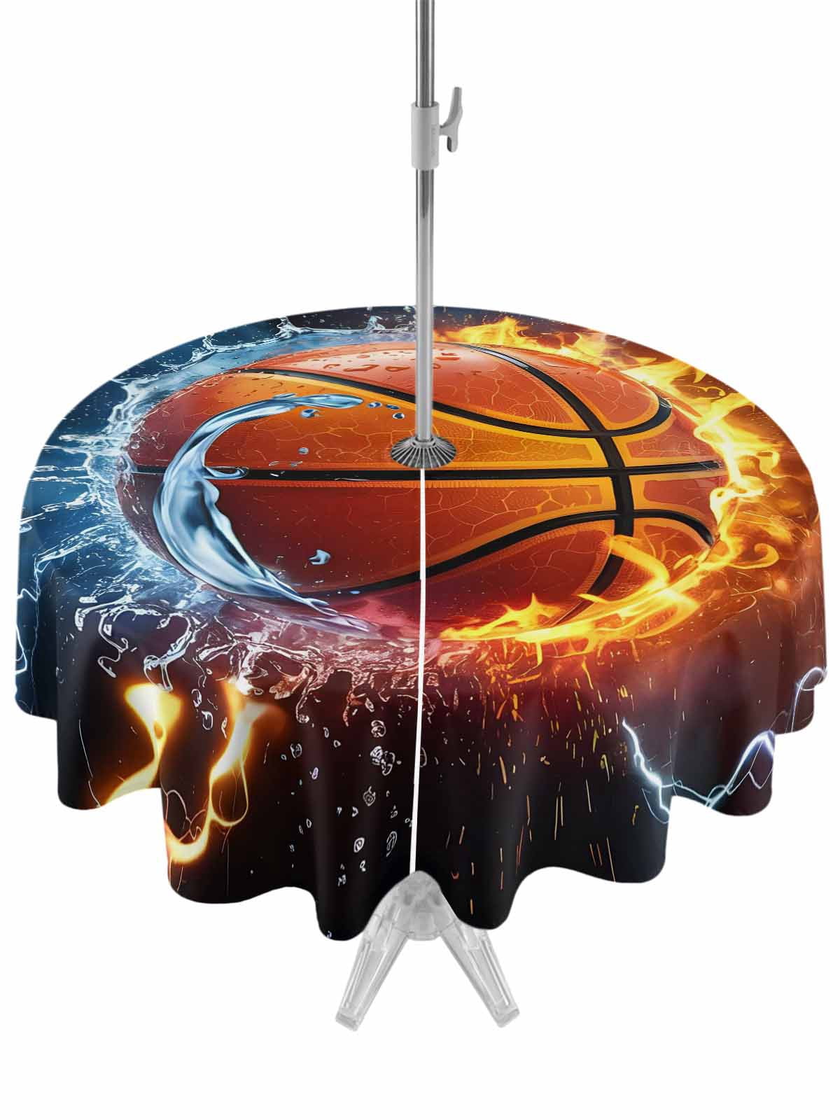 Basketball Round Outdoor Tablecloth with Umbrella Hole Fire and Water ...