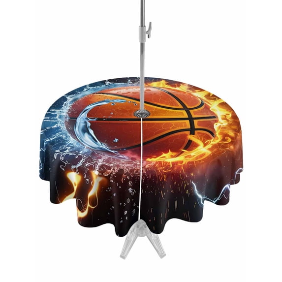 Basketball Round Outdoor Tablecloth with Umbrella Hole Fire and Water ...