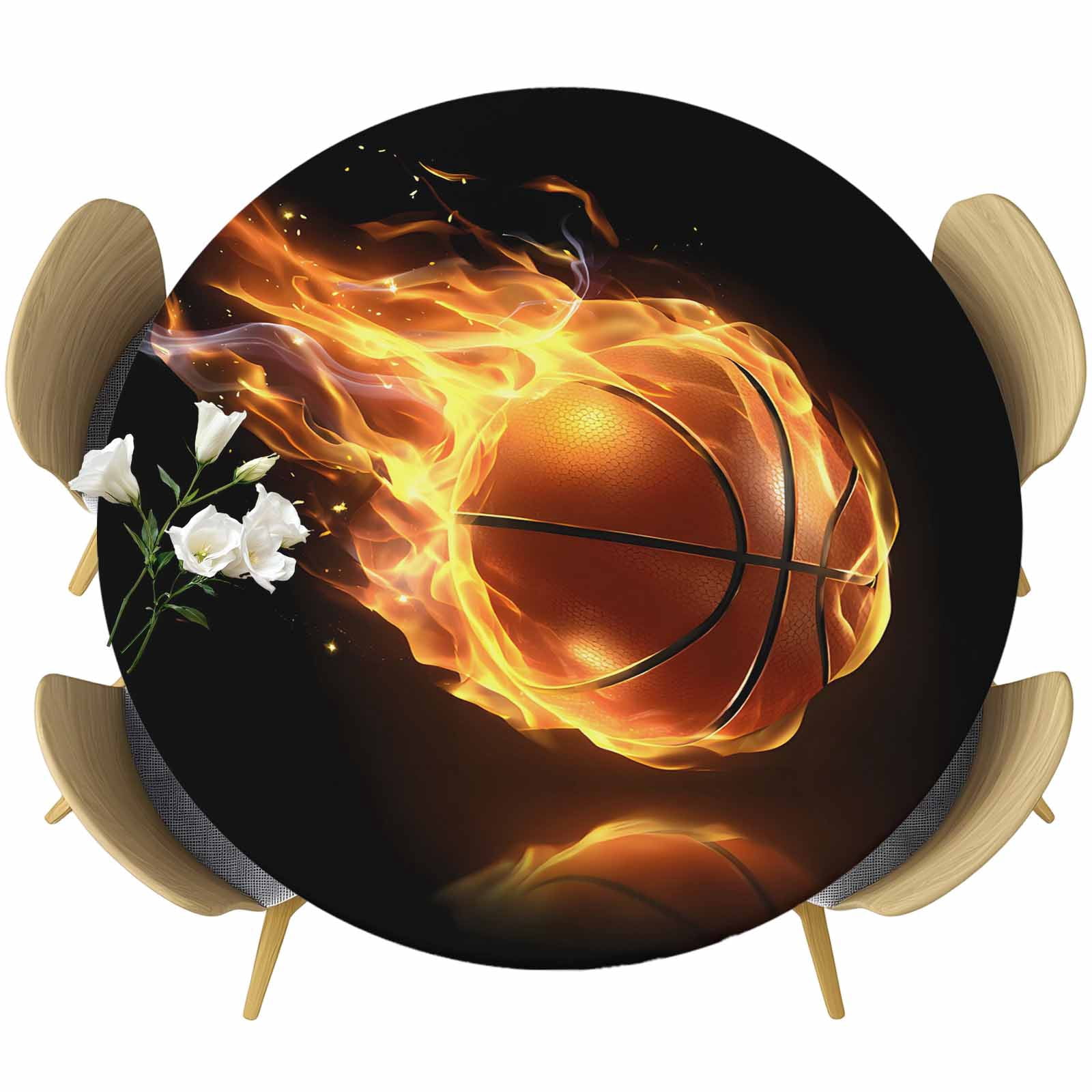 Basketball Round Tablecloth, Fitted Table Cover with Elastic for 36"-44 ...