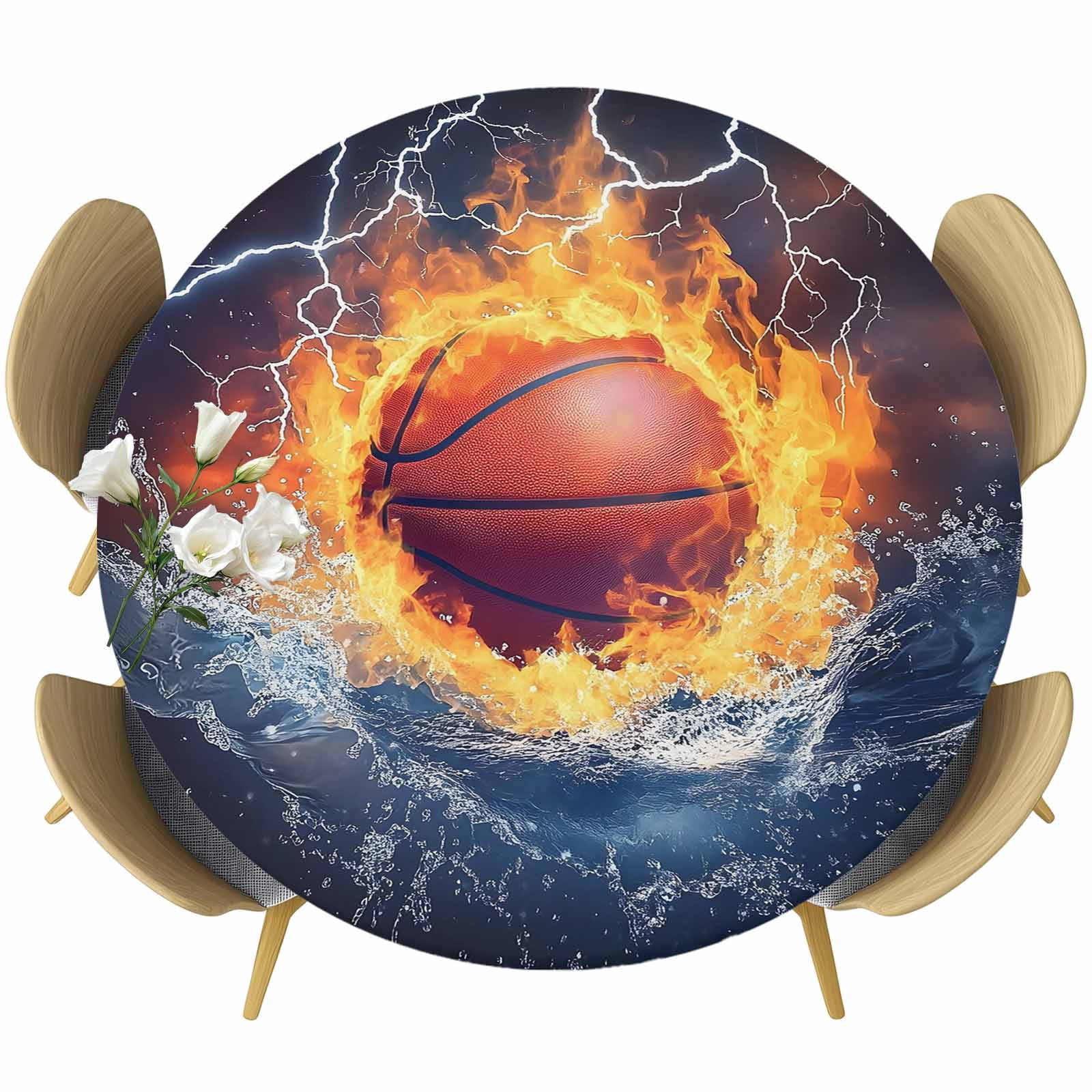 Basketball Round Tablecloth, Fitted Table Cover with Elastic for 55"-60 ...