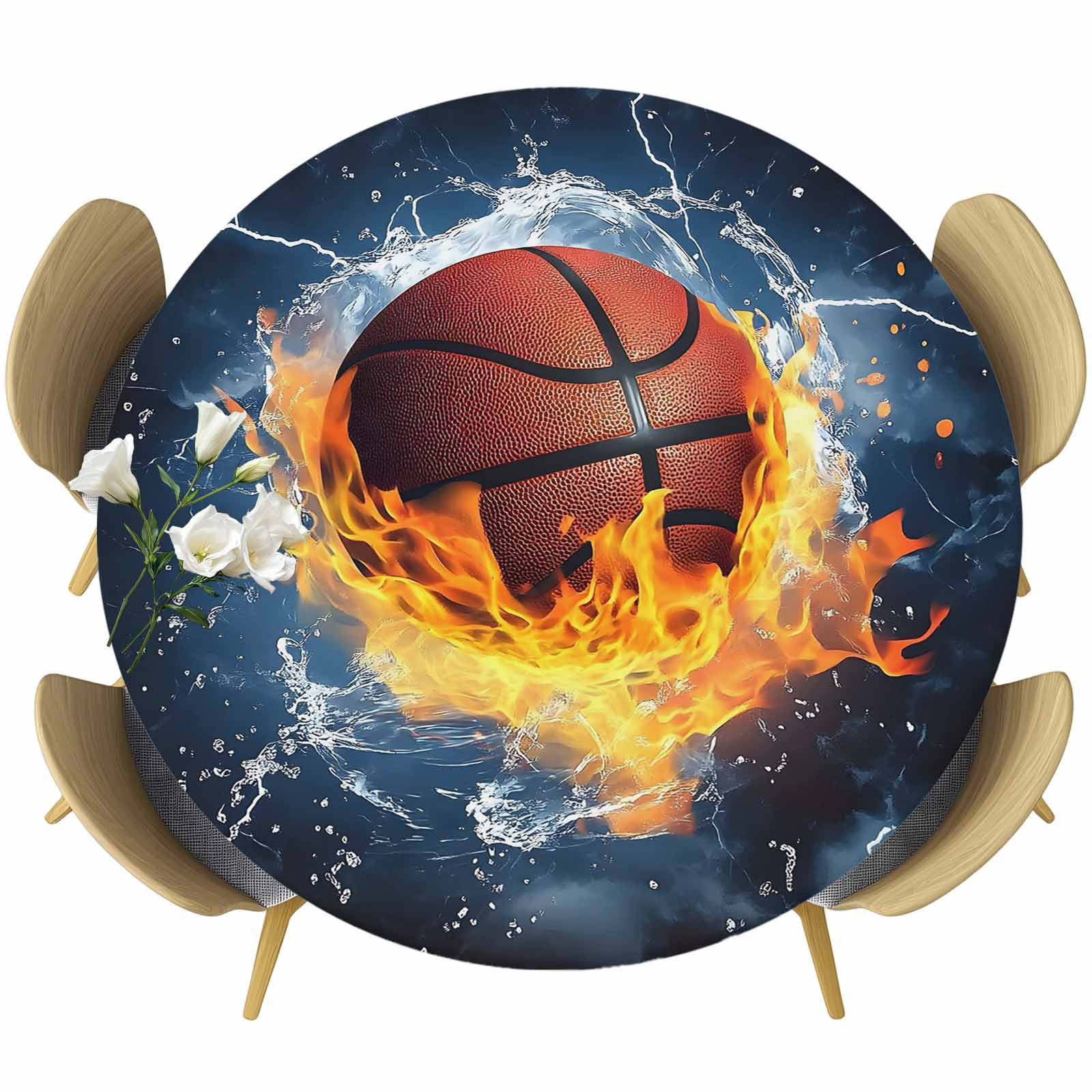 Basketball Round Tablecloth, Fitted Table Cover with Elastic for 55"-60 ...