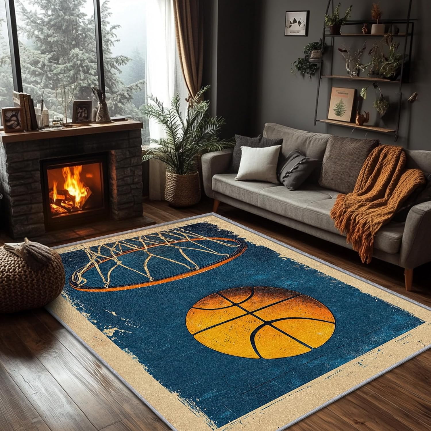 Basketball Rug for Boys Bedroom, Sports Ball Goat Area Rug, Rustic Rugs ...