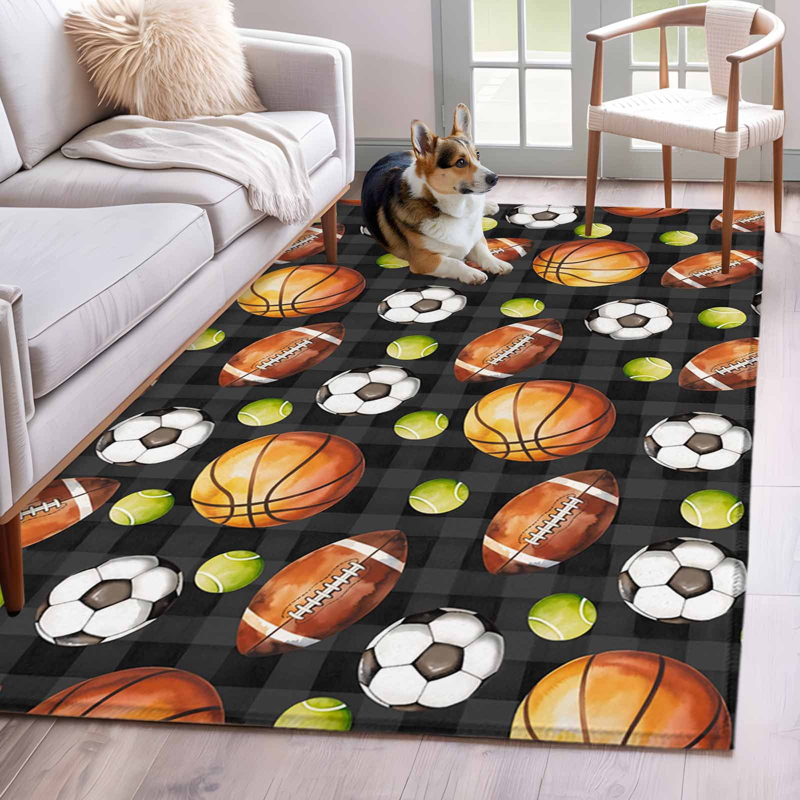 Basketball Rugby Area Rugs 3x5 ft Soccer Tennis Brown Ball Sport Black ...