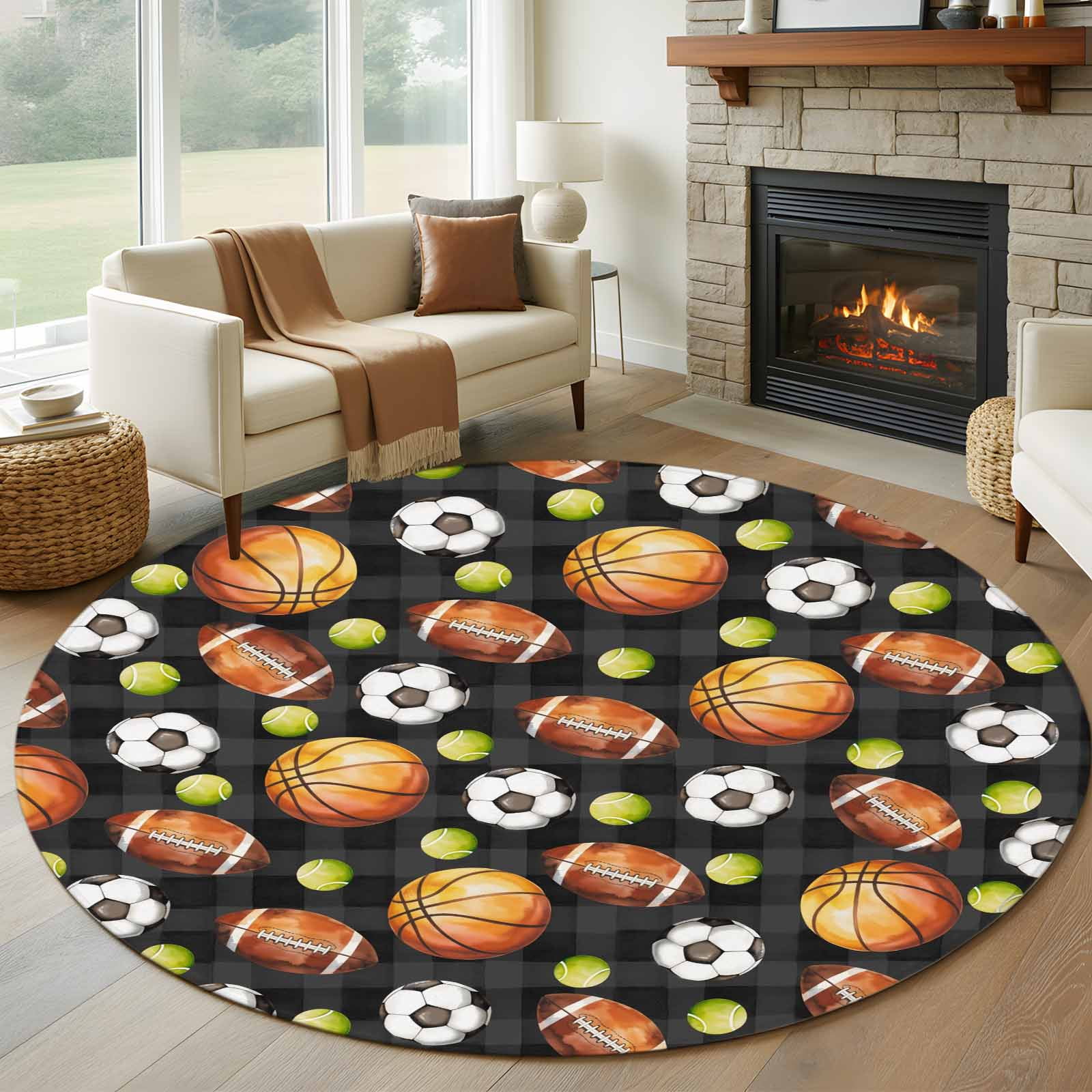 Basketball Rugby Round Living Room Rugs 8 ft, Soccer Tennis Brown Ball ...