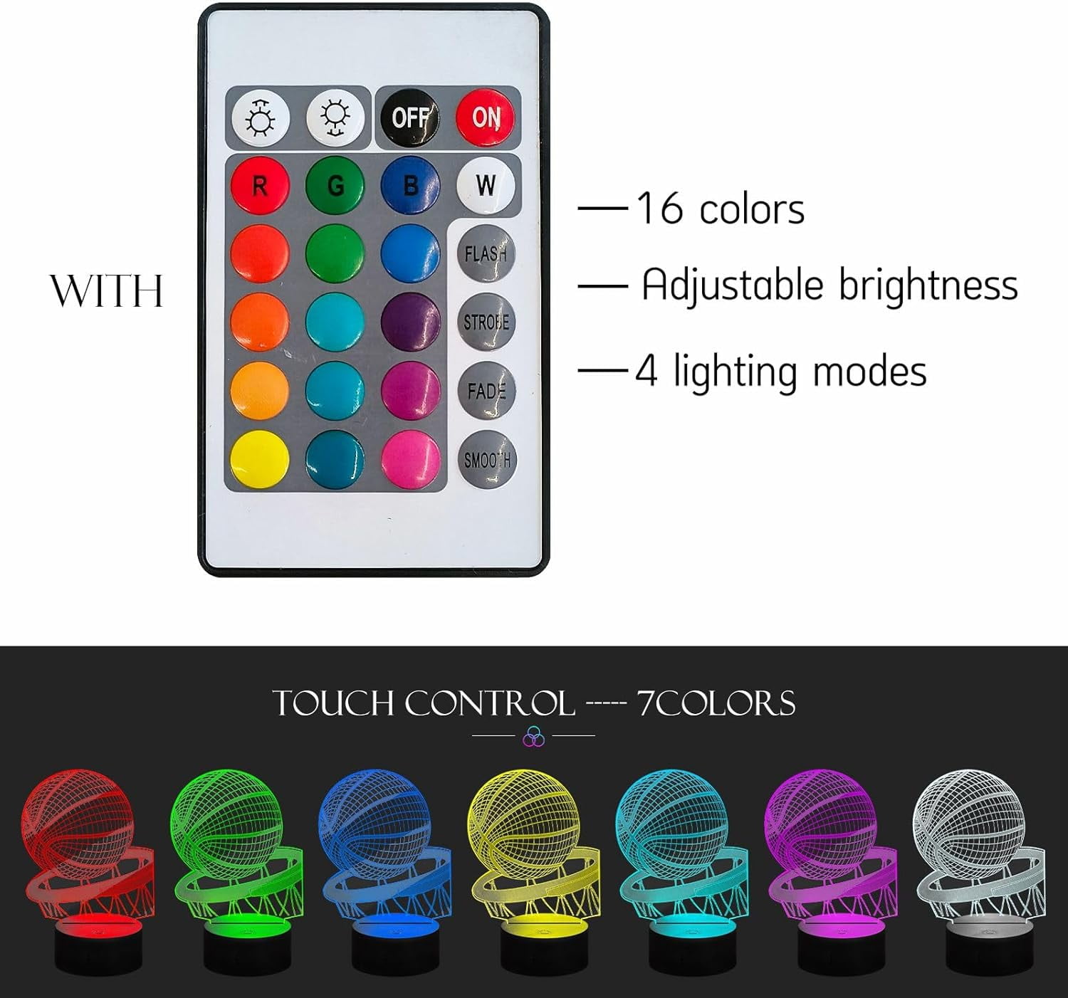 Basketball Shape Illusion 16 Color Change Touch Remote Control Led ...