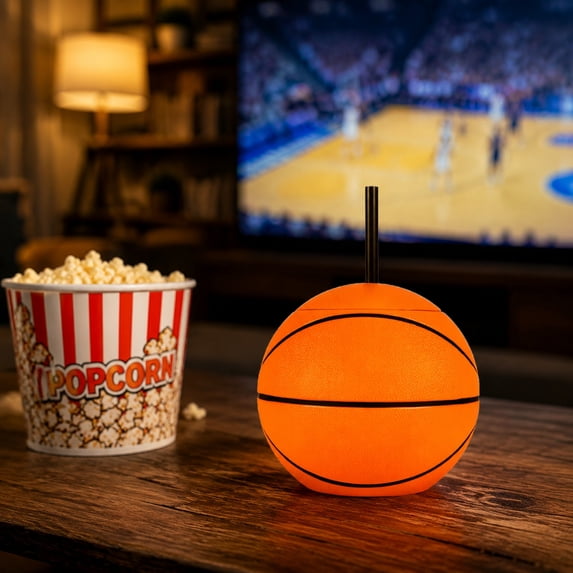 Basketball-Shaped Tumbler with Straw, Reusable Plastic Drink Cup for ...