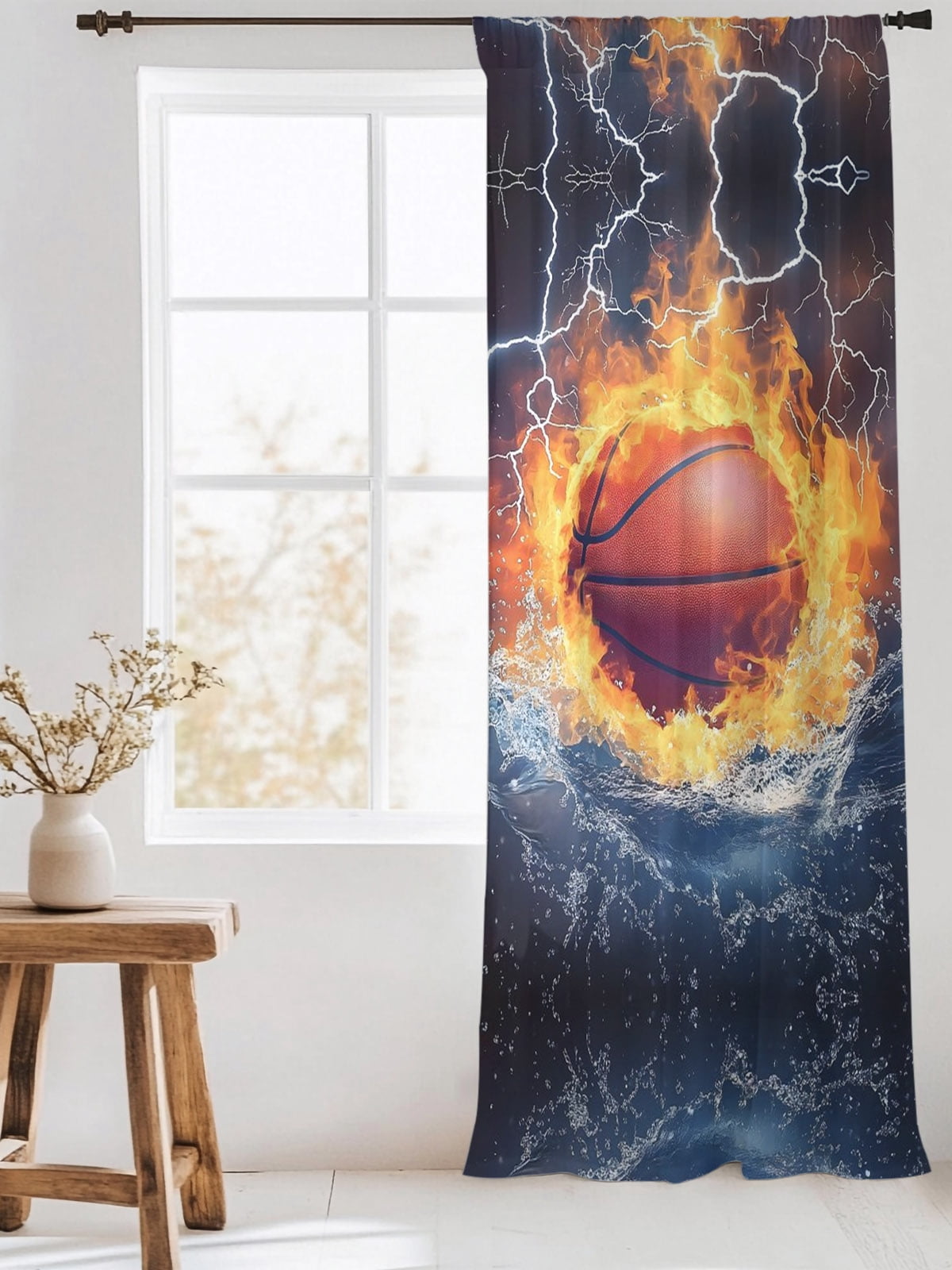 Basketball Sheer Curtains 108 Inch Long 1 Panel Abstract Fire and Water ...