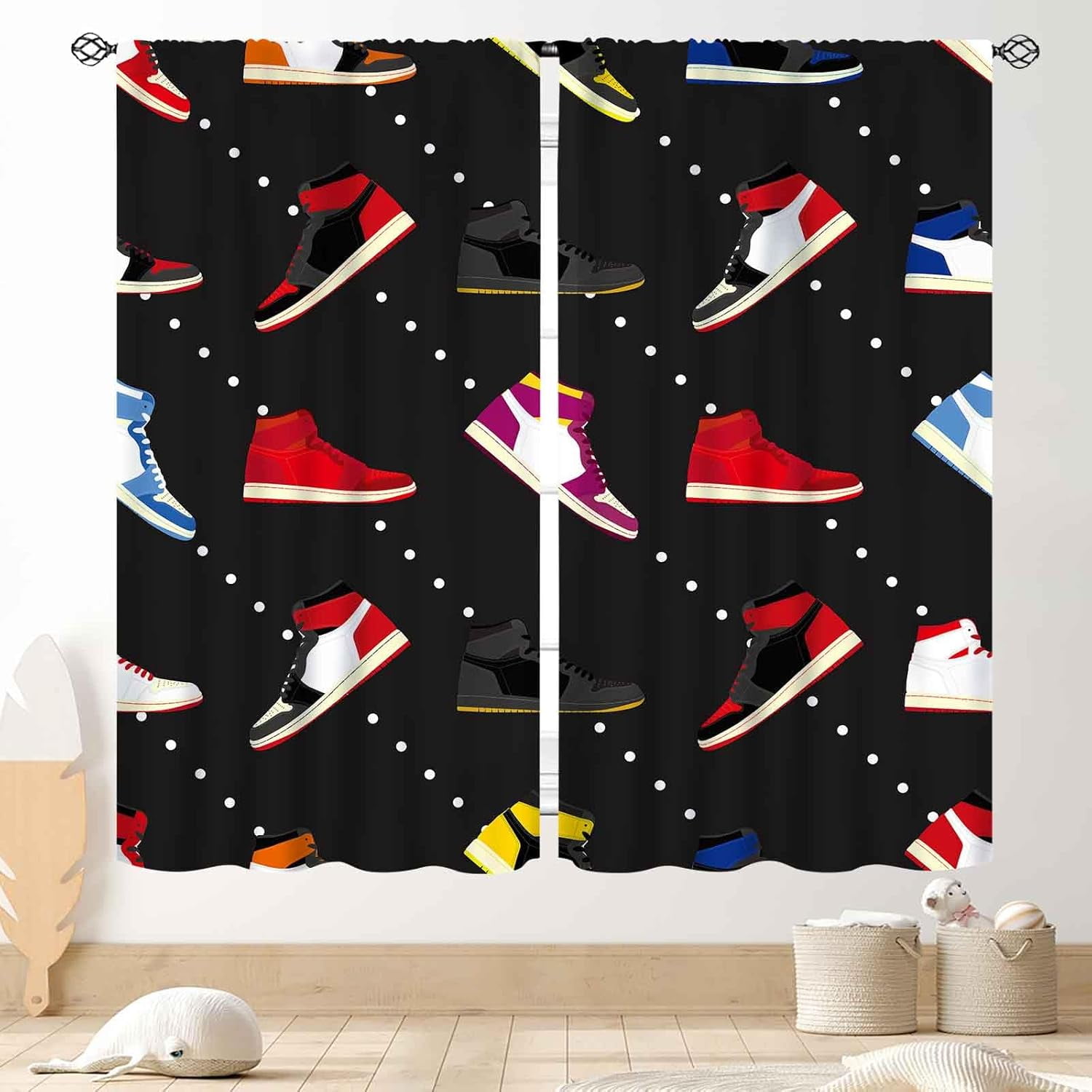 Basketball Shoes Boys Curtains, Kids Sports Red and Black Colorful ...