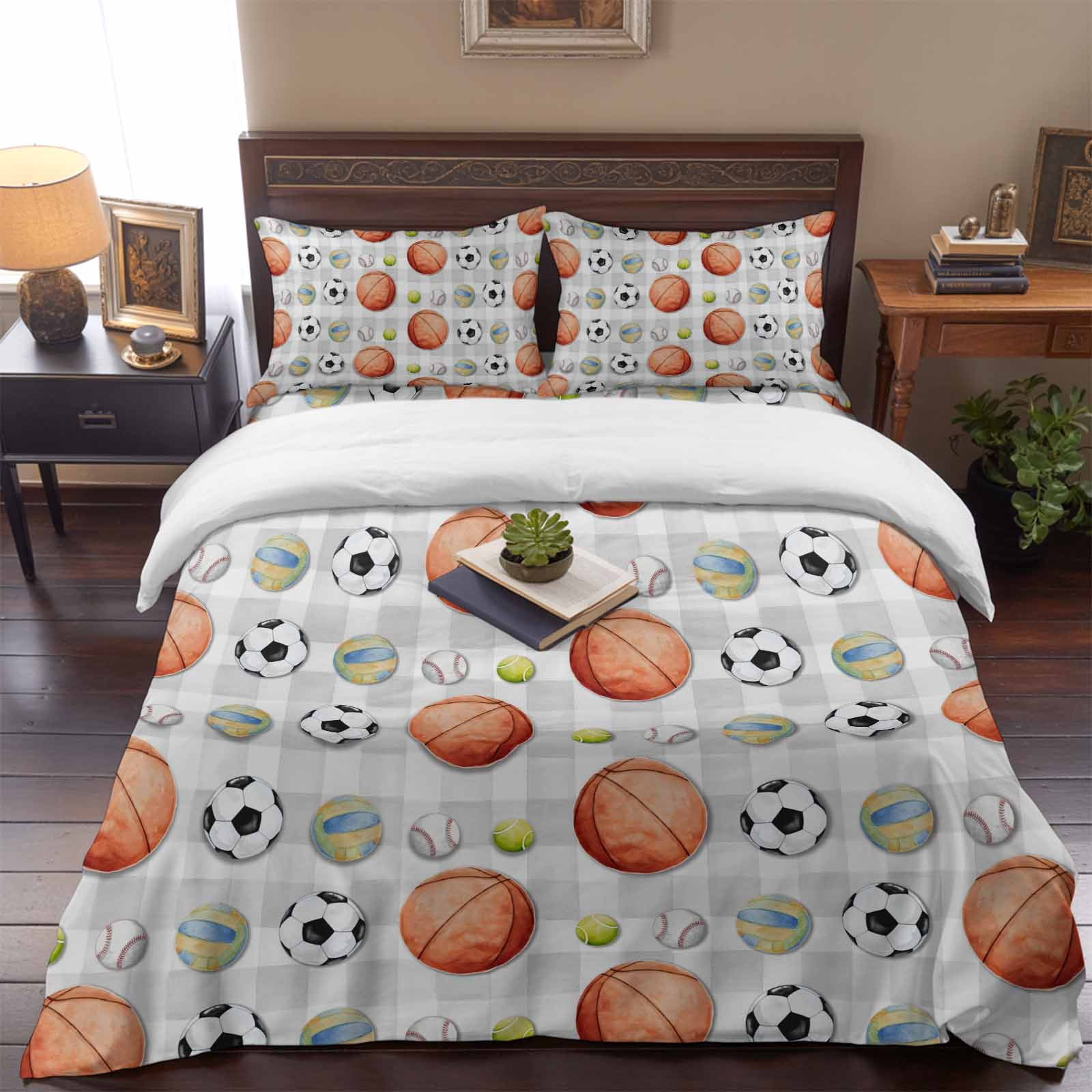 Basketball Soccer Tennis Sport Style Queen Size Bed Set,Gray Plaid ...