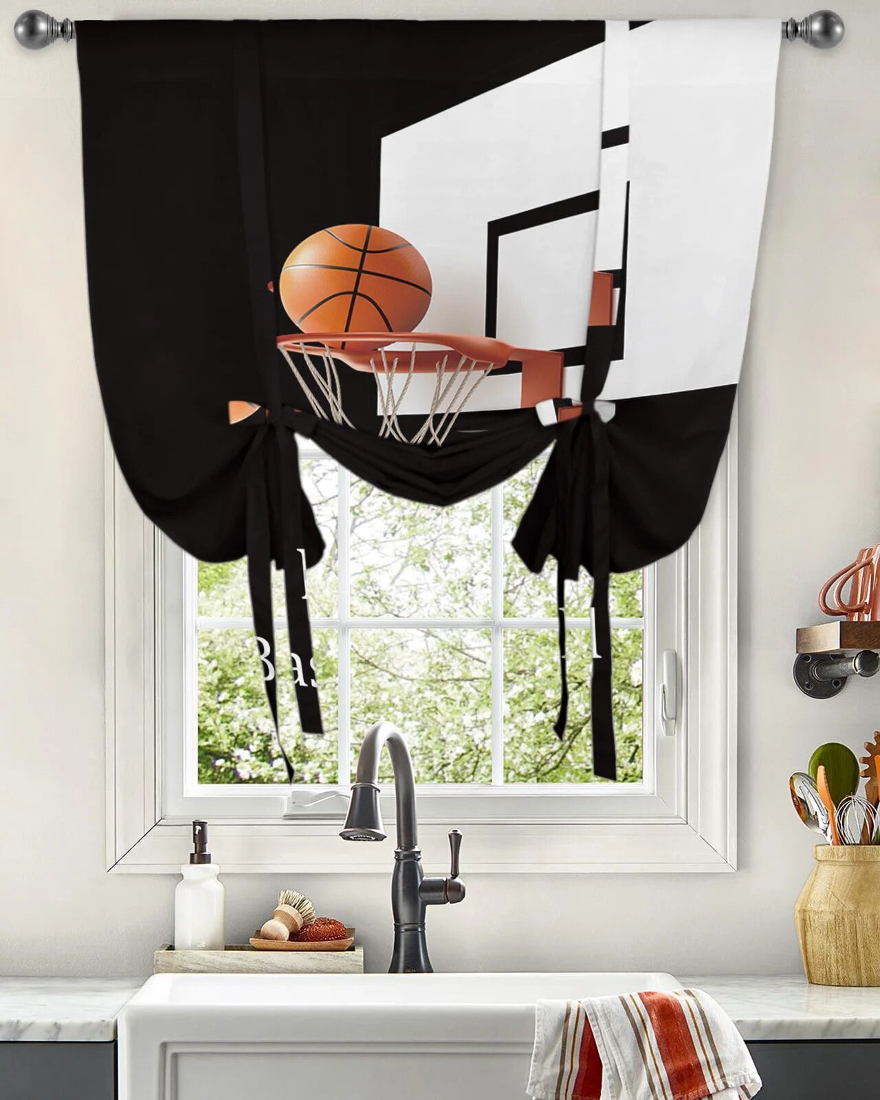 Basketball Sport Black Curtain for Living Room Kitchen Tie-up Short ...