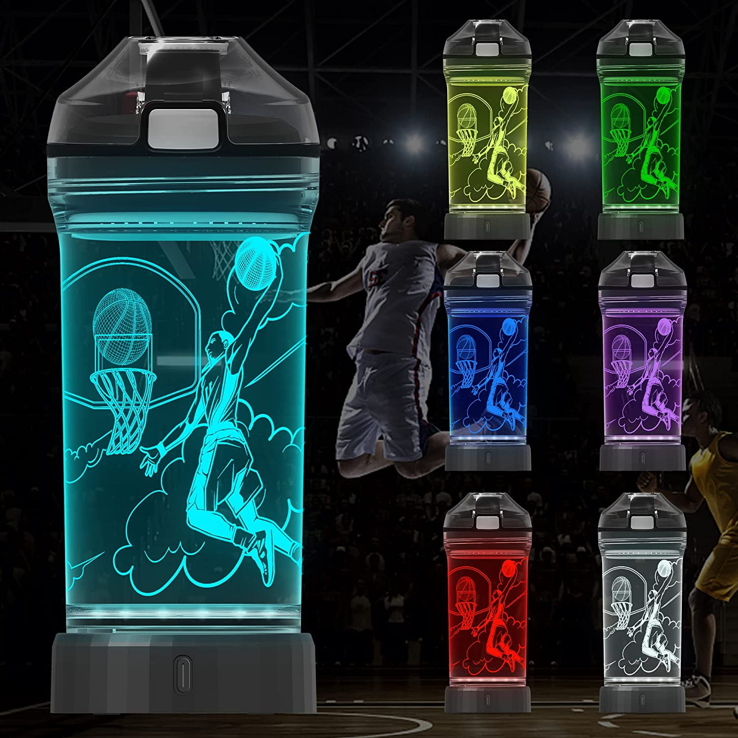 Basketball Sports 3D Illusion LED Light Up Kids Water Bottle - Motivational BPA Free, 14 OZ ...