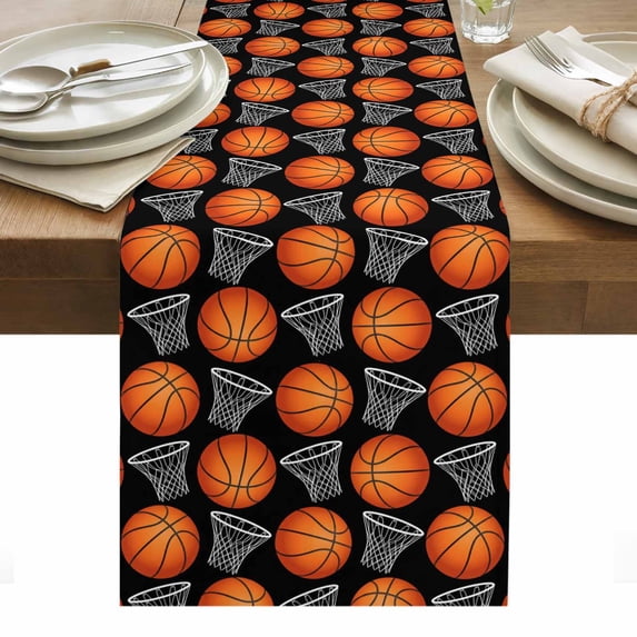 Basketball Sports Cotton Linen Table Runner Orange Basketball and Hoop ...