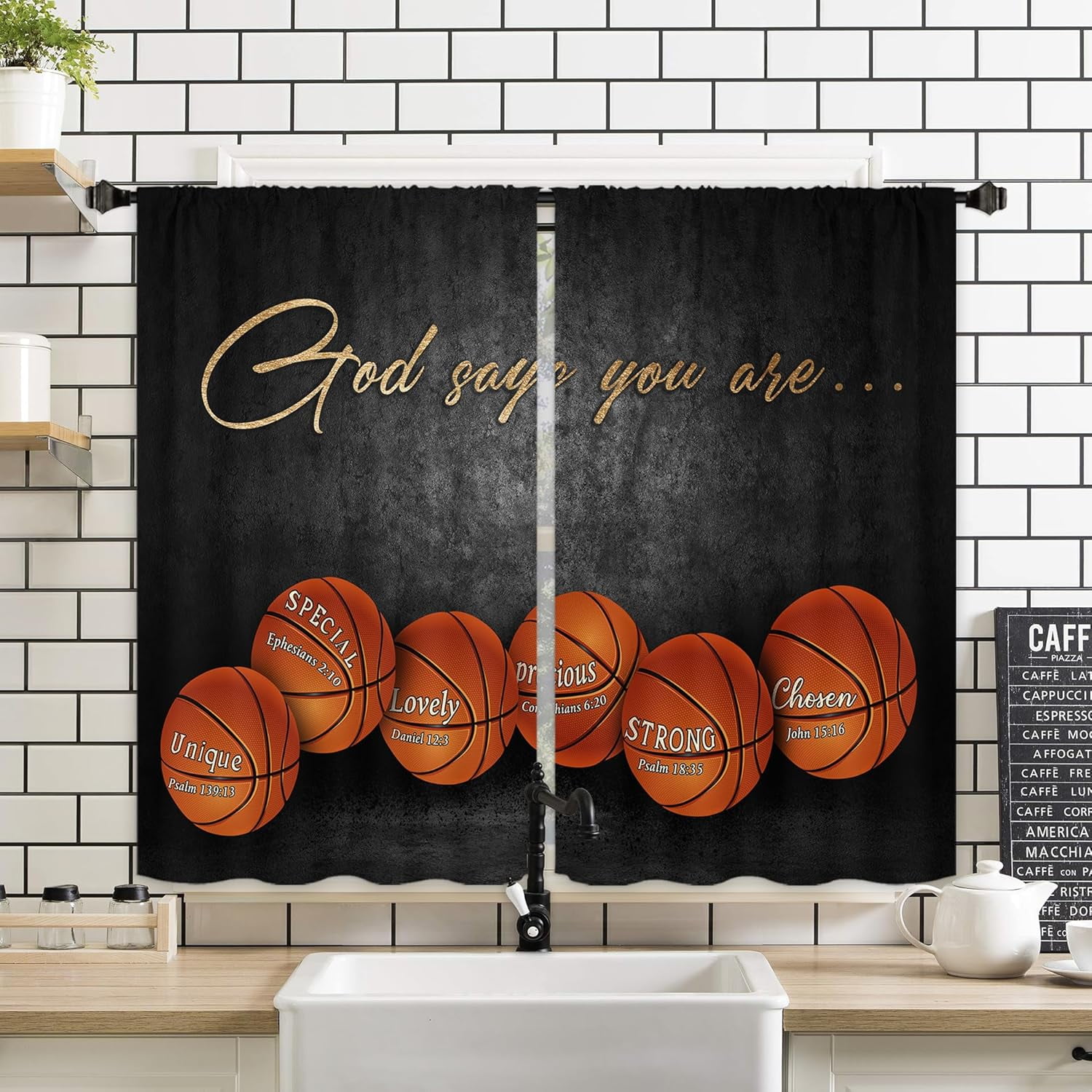 Basketball Sports Kitchen Window Curtains 2 Panels 27.5W x 39H Rod ...