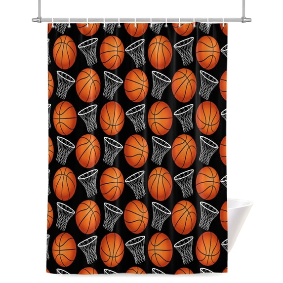 Basketball Sports Shower Curtain, Orange Basketball and Hoop Modern ...