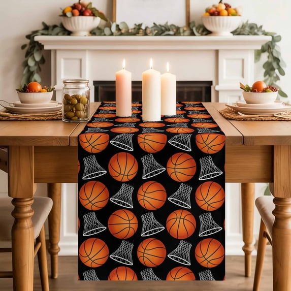 Basketball Sports Table Runner, Orange Basketball and Hoop Modern Black ...