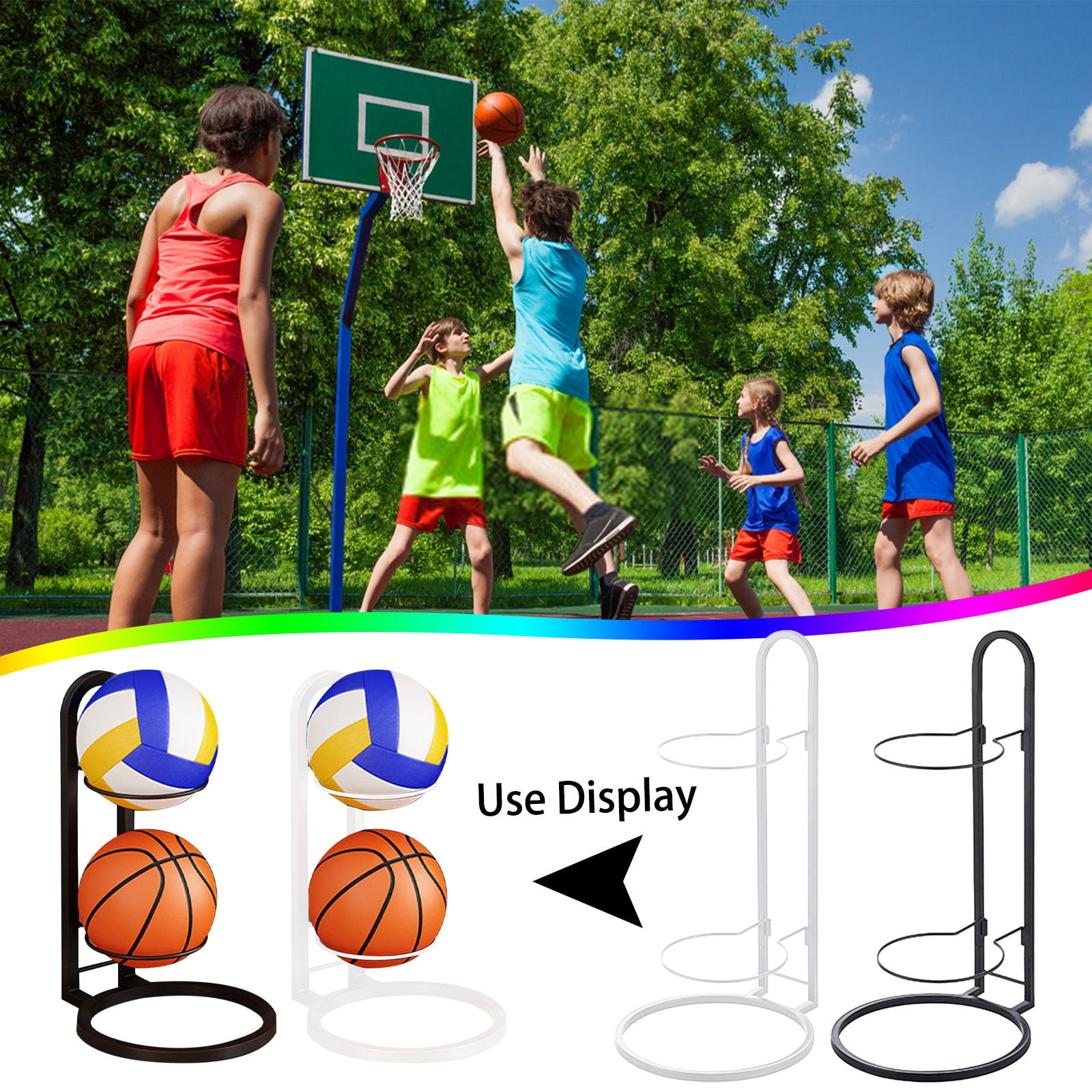 Basketball Storage Rack, 2-Tier Heavy-Duty Ball Holder Organizer with ...
