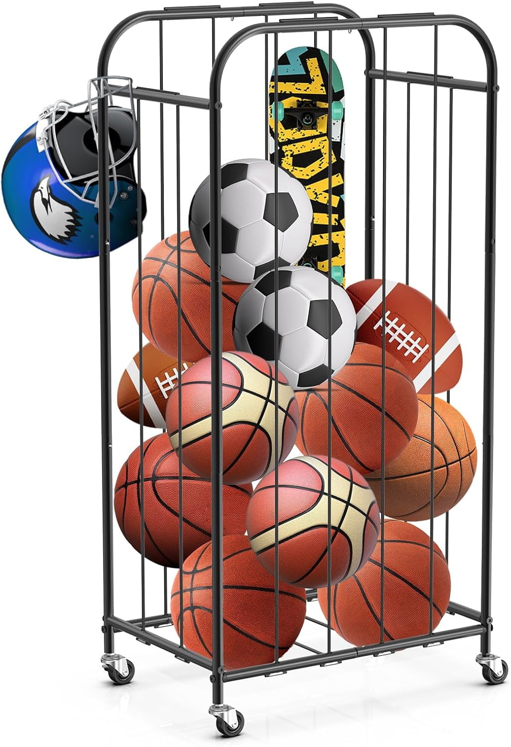 Basketball Storage Rack Metal Ball Holder with Wheels, Elastic Rope ...