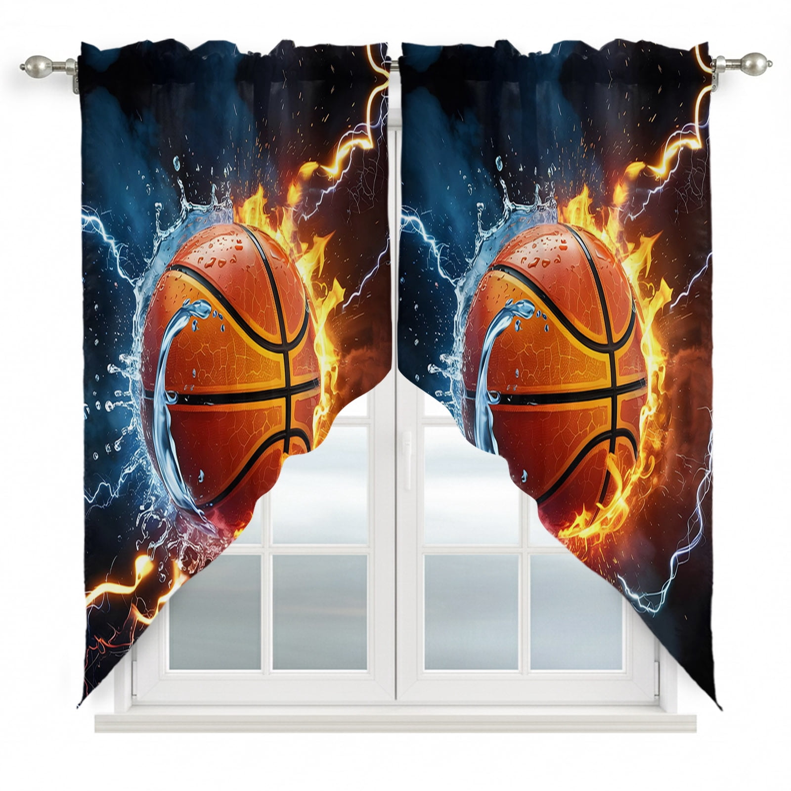 Basketball Swag Curtain Valance for Window 2 Panels Fire and Water ...