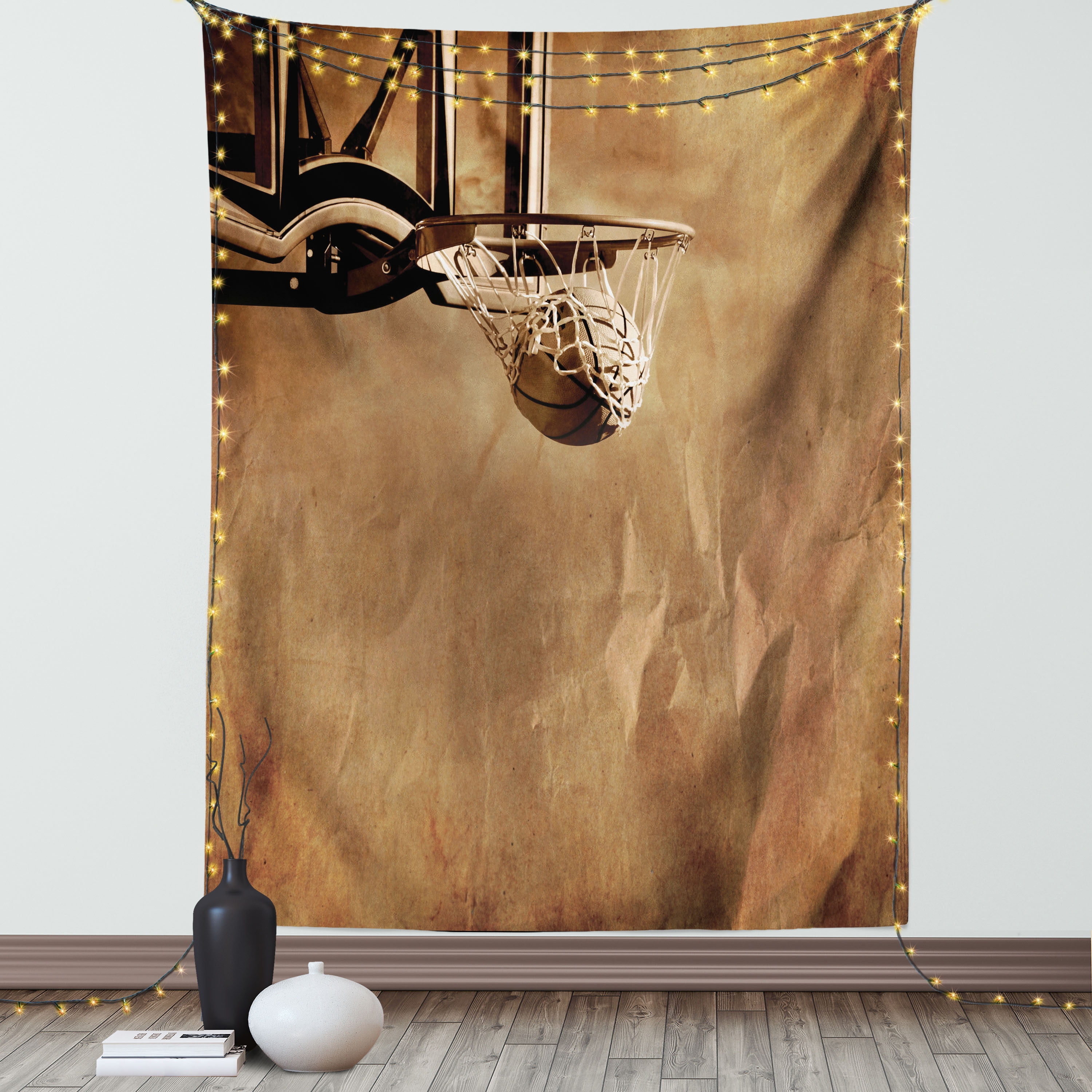 Basketball Tapestry, Ball in the Net on Crumpled Paper Style Backdrop ...