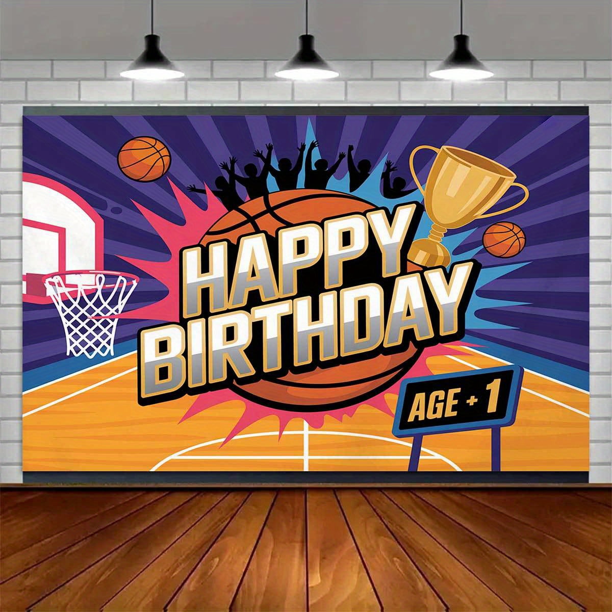 Basketball Theme Birthday Backdrop Age 1 Trophy Basketball Happy ...