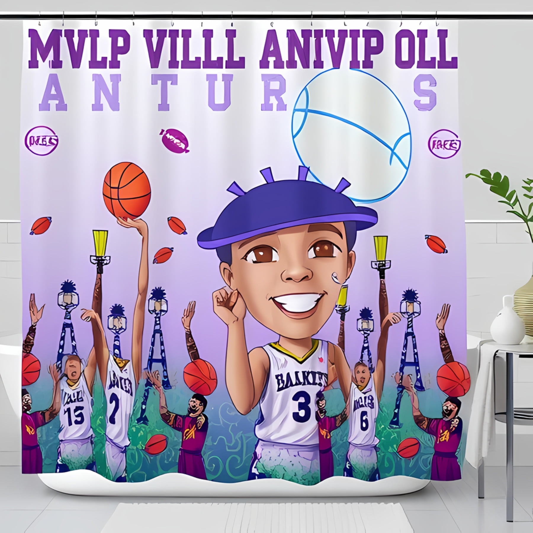 Basketball Theme Shower Curtain - Cartoon Players in Blue Purple Sky ...