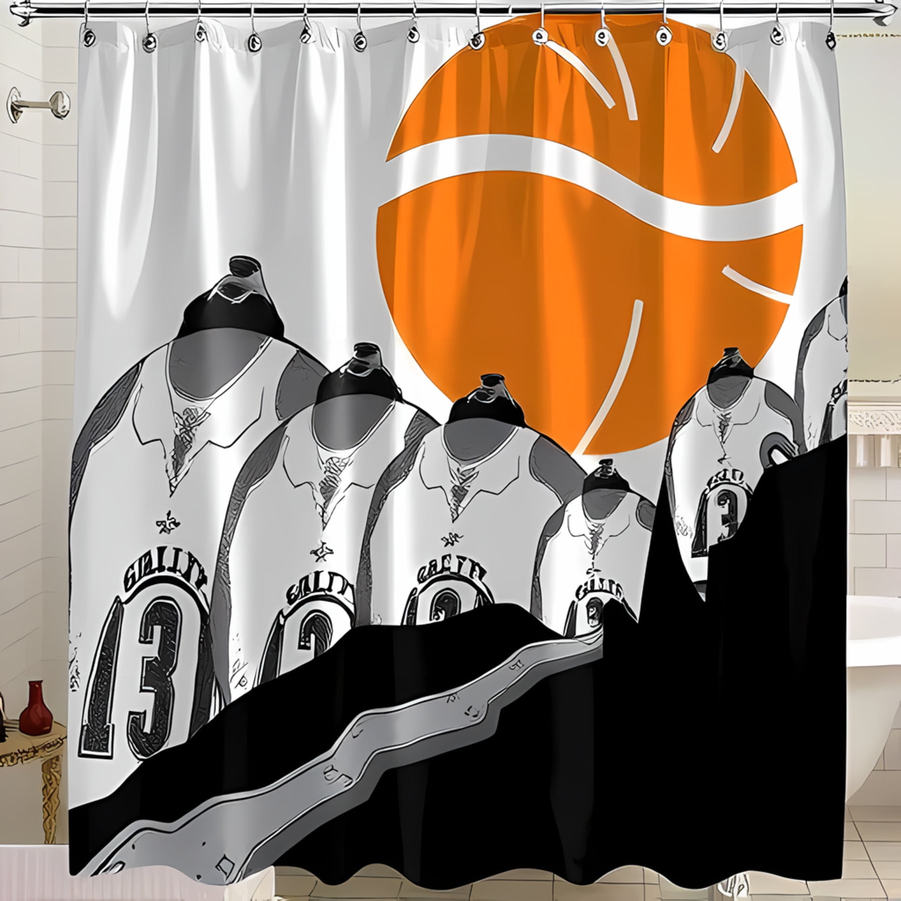 Basketball Theme Shower Curtain with GALLIN 3 Orange Basketball Graphic ...
